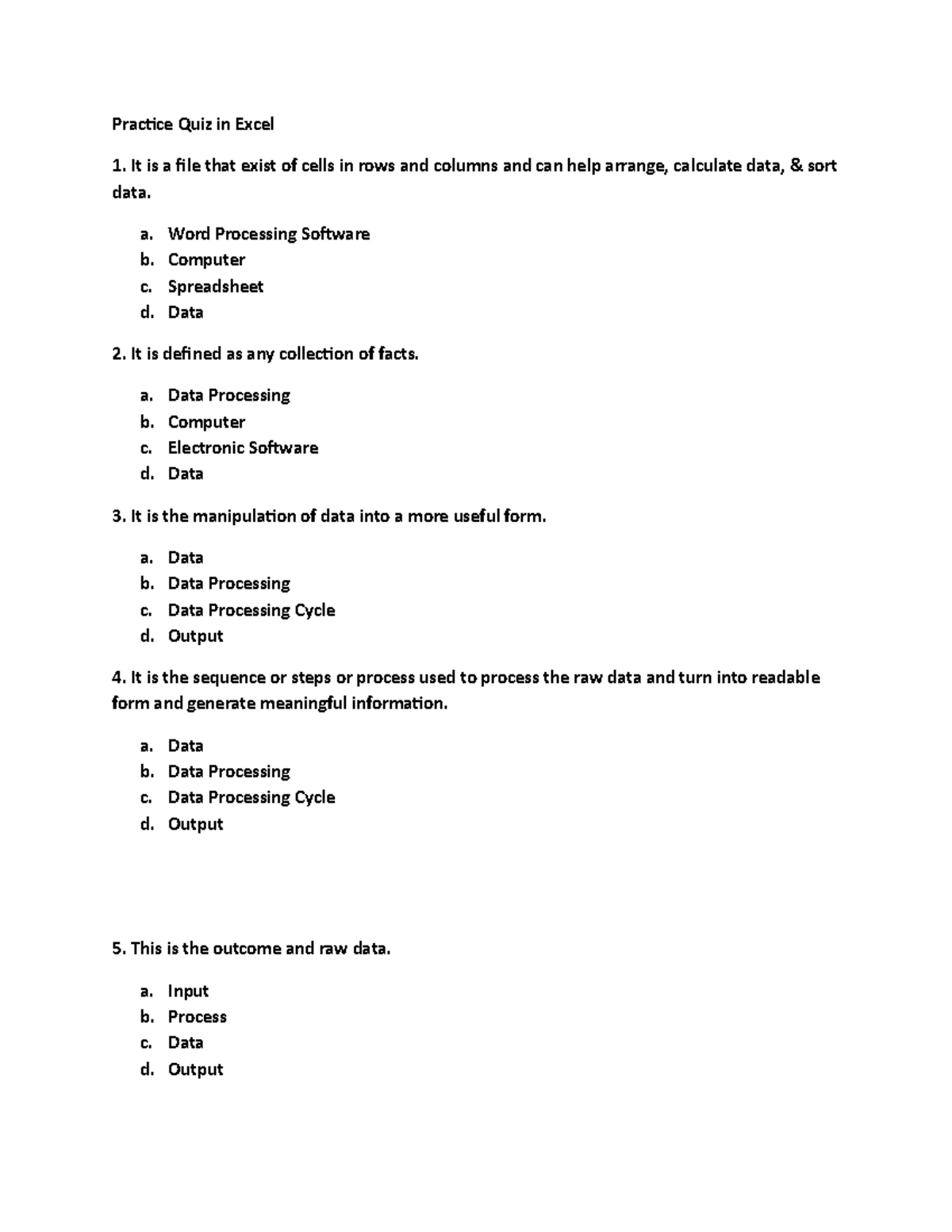 Practice quiz in excel 1 - Practice Quiz in Excel It is a file that ...