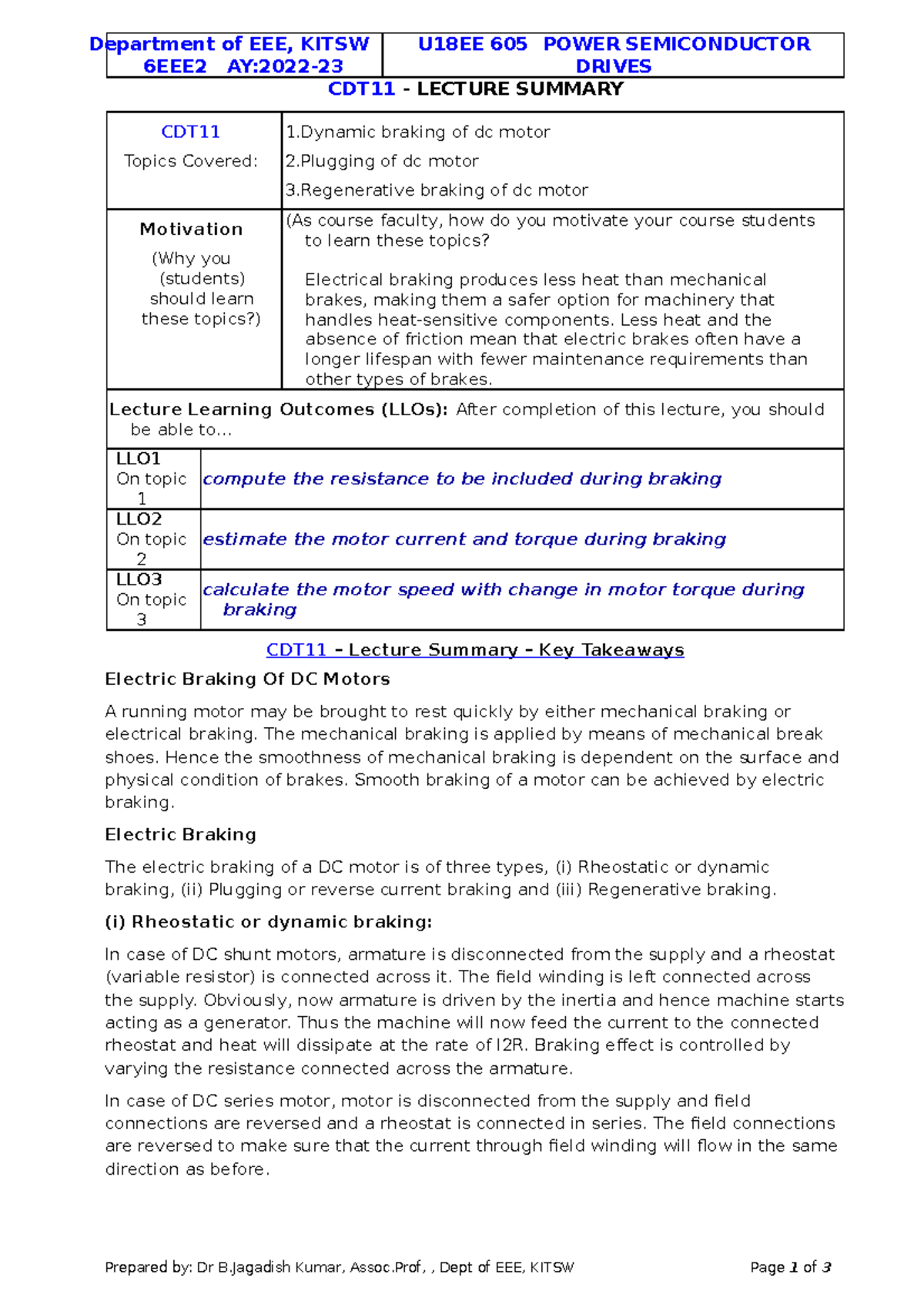 Dynamic braking of dc motor - Department of EEE, KITSW 6EEE2 AY:2022 ...