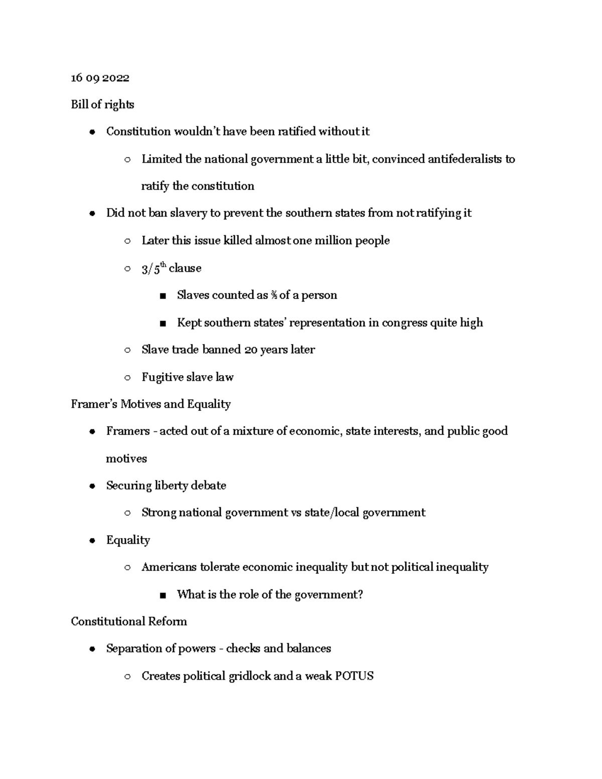 AP Gov Unit 1 Notes - 16 09 2022 Bill of rights Constitution wouldn’t ...