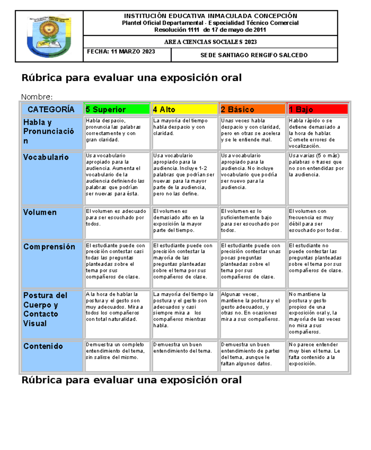 Rúbrica para evaluar una exposición oral - INSTITUCIÓN EDUCATIVA ...