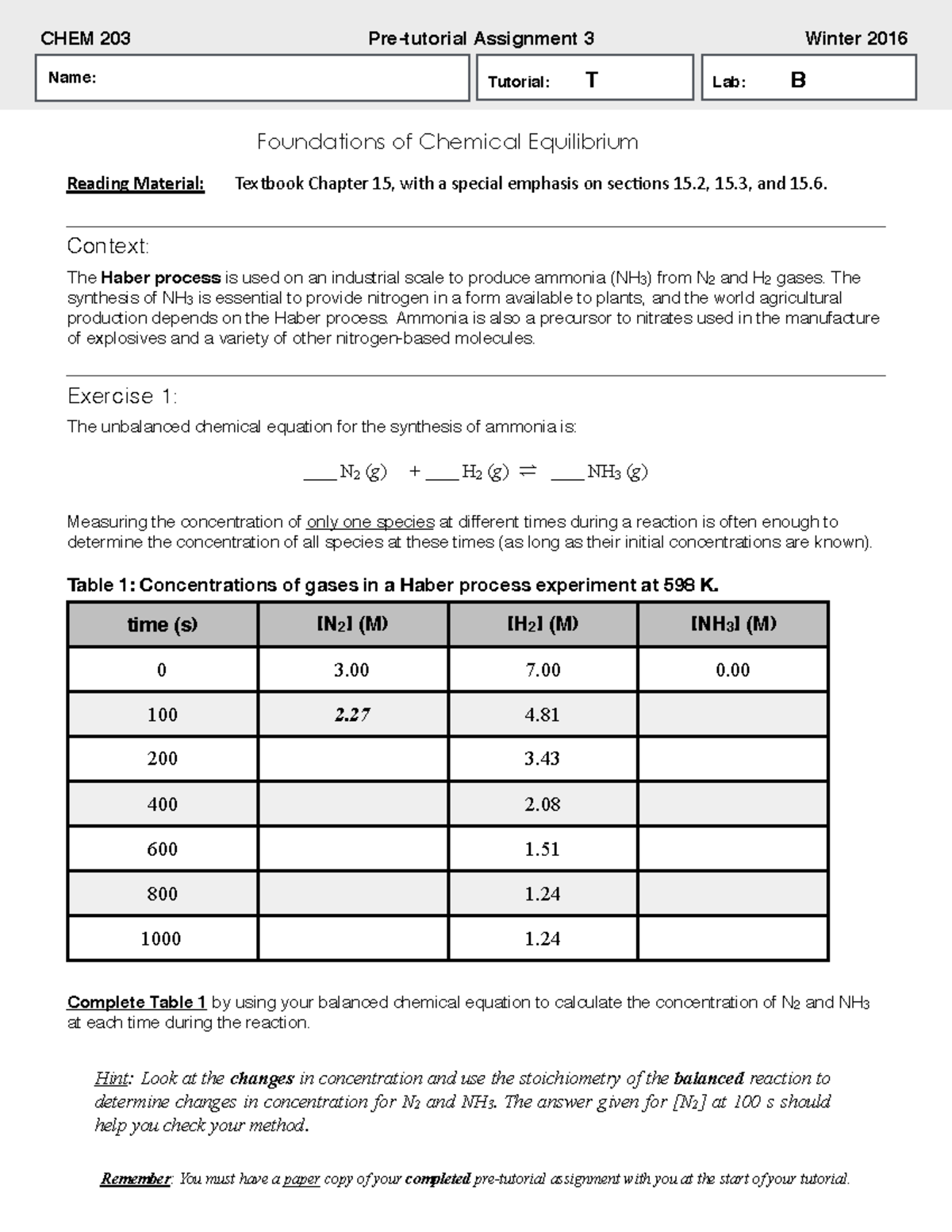 Tutorial work - 2 - Equilibrium Constant K and Q - Warning: Error ...