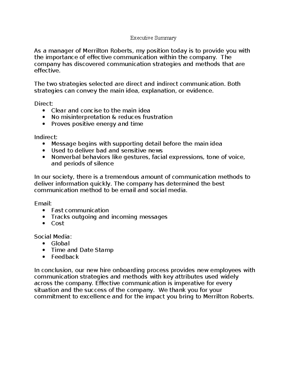 BKM3 TASK 2 Strategies and Method - Executive Summary As a manager of ...