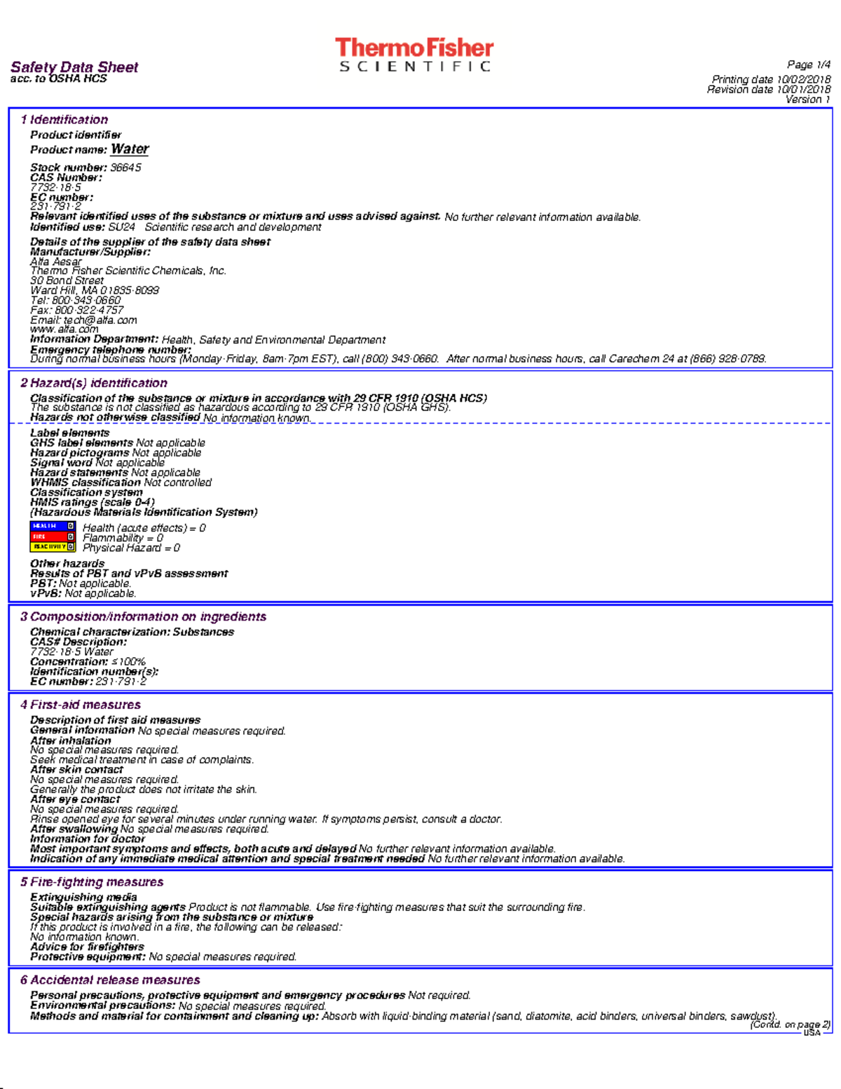 Water - fischer sci - Printing date 10/02/ Revision date 10/01/ Version ...