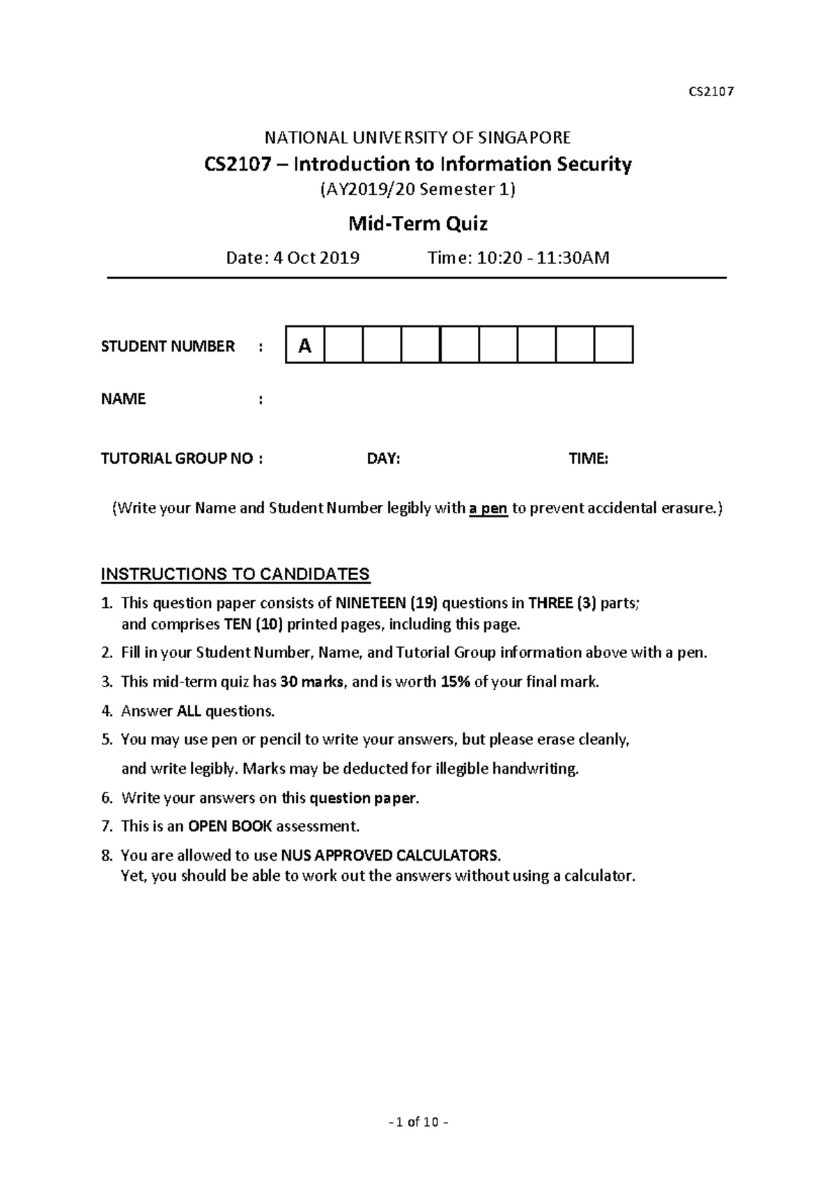 CS2107 AY1920 S1 Mid Term Answers Extended - NATIONAL UNIVERSITY OF ...