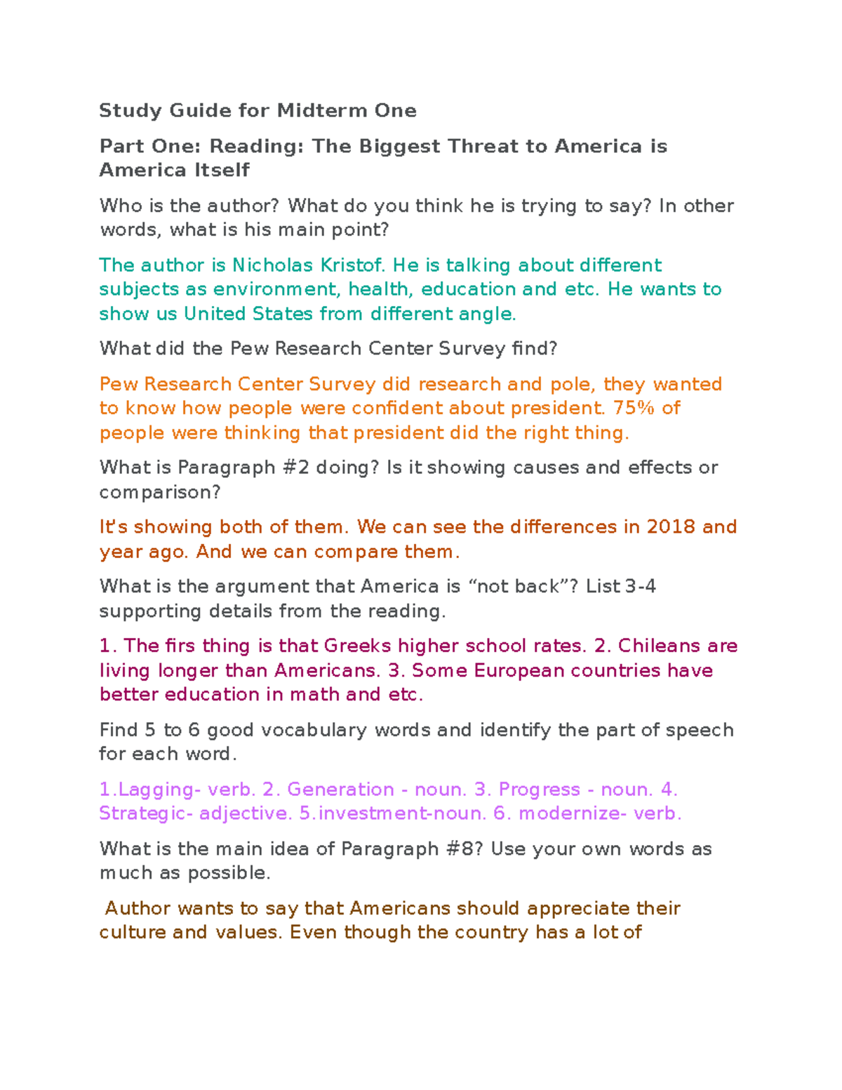 Document 14 - grammar homework. - Study Guide for Midterm One Part One ...