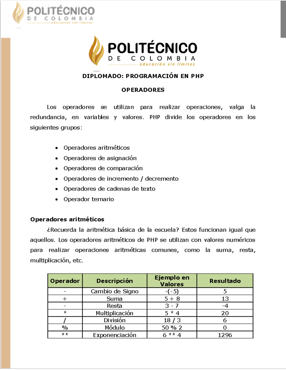 Modulo 1 - Operadores - PROGRAMACION BASICA - DIPLOMADO: PROGRAMACIÓN ...