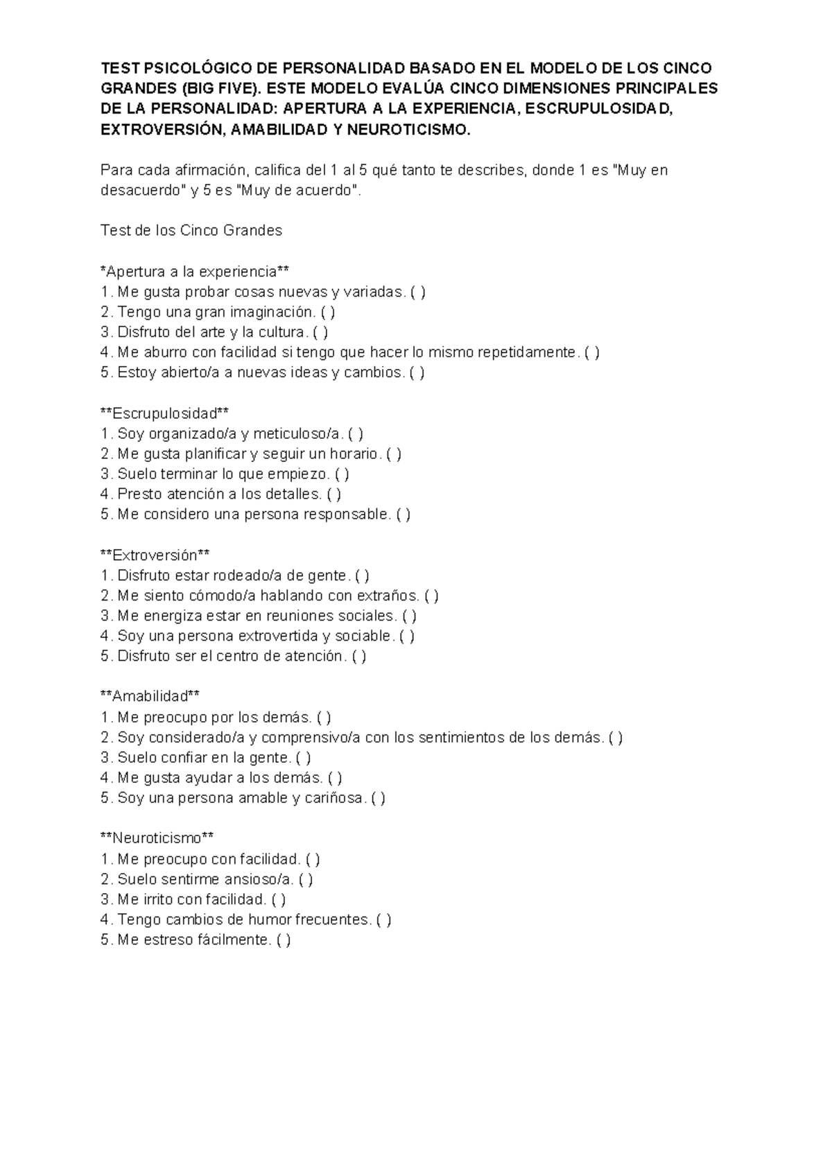 TEST PSICOLÓGICO DE PERSONALIDAD BASADO EN EL MODELO DE LOS CINCO ...