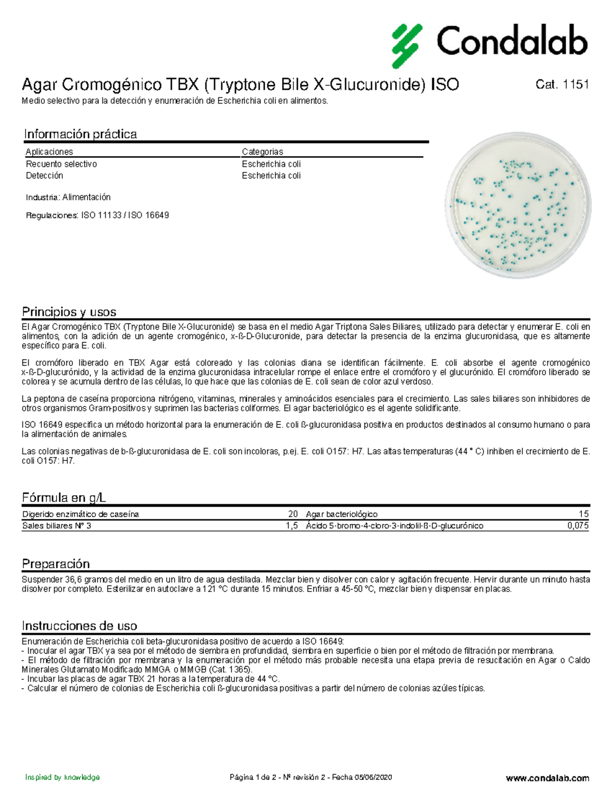 Agar condalab práctica - Agar Cromogénico TBX (Tryptone Bile X-Glucuronide) ISO Cat. 1151 Medio ...