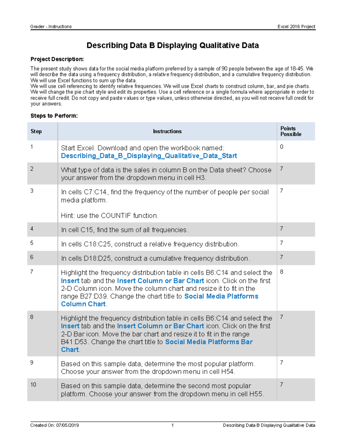 Describing Data B Displaying Qualitative Data Instructions TEST 1 ...