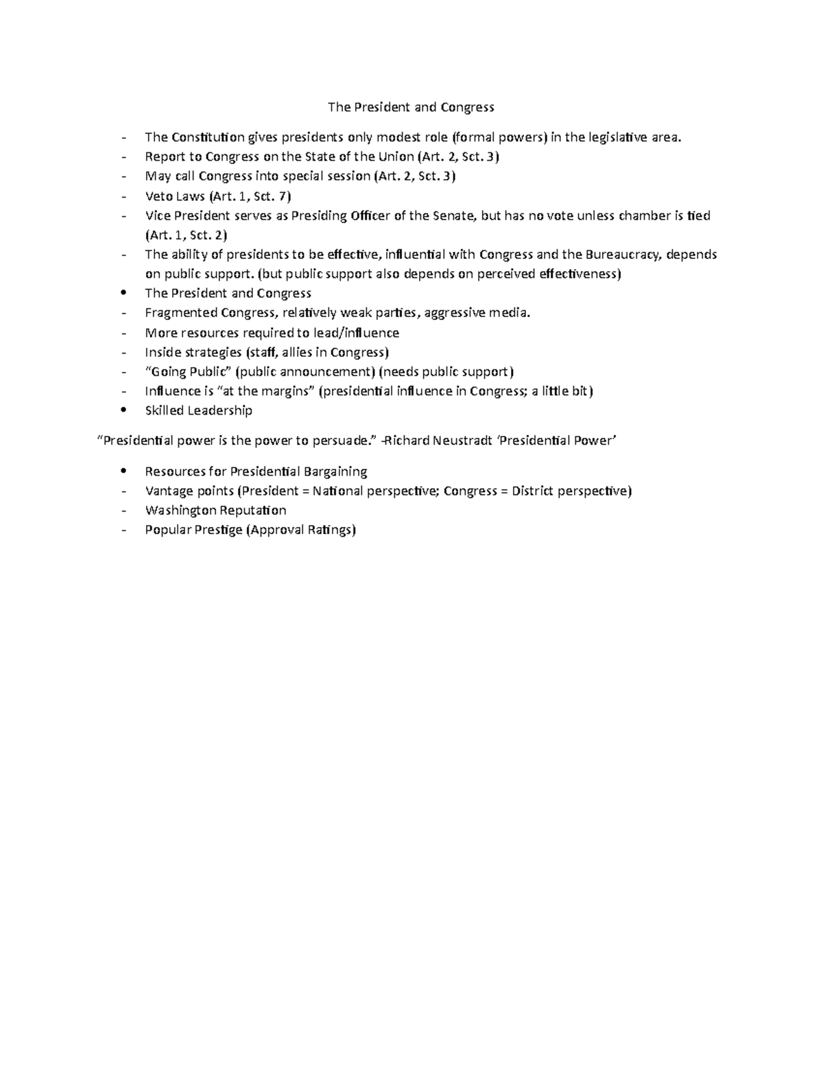 Poli Sci 1000 Oct 7 Lecture Notes - The President and Congress The ...