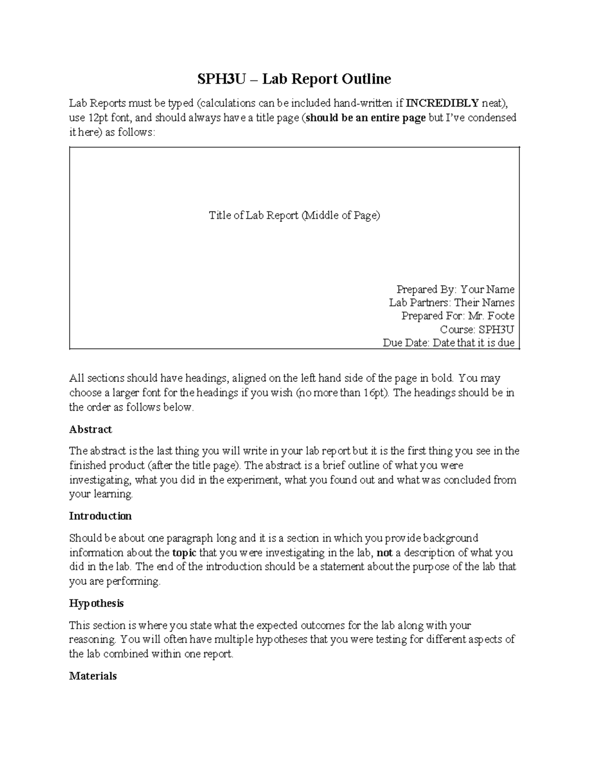 SPH3U Lab Report Outline 2 - SPH3U – Lab Report Outline Lab Reports ...