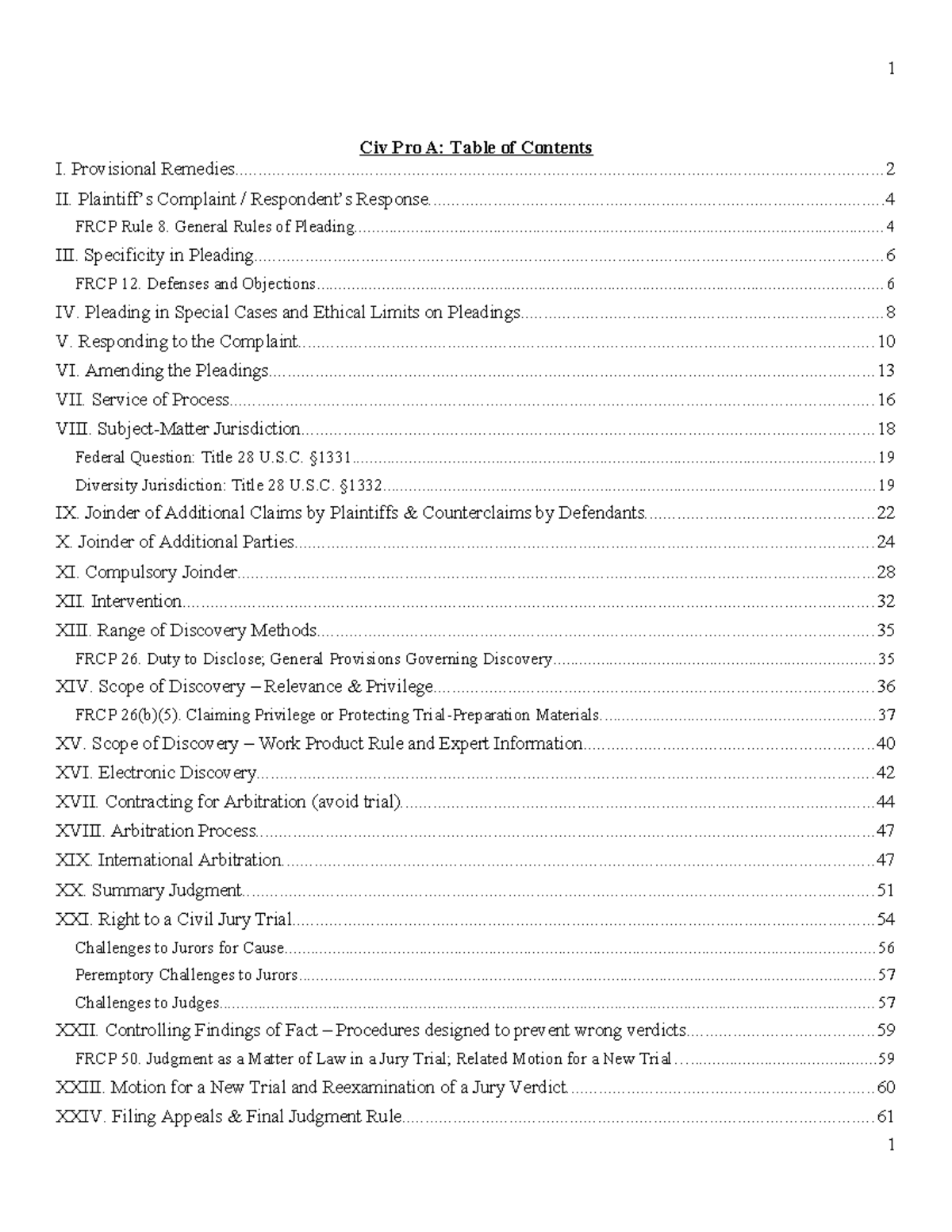 Civ Pro Final Outline with notes updated - Civ Pro A: Table of Contents ...
