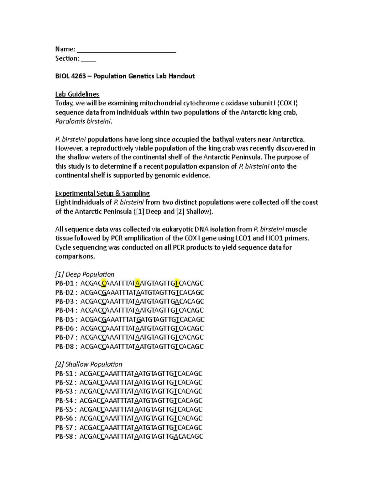 Population Genetics Lab Handout - P. birsteini populations have long ...