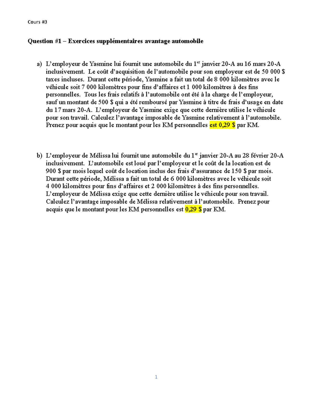 Cours #3 - Exercices suppl avantage auto fiscal 1 hiver 2023 - Cours ...