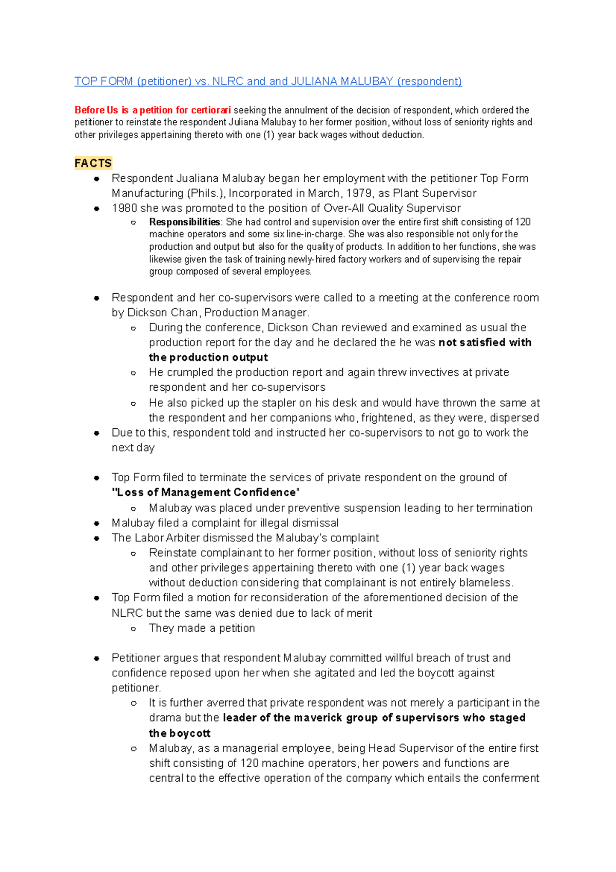 TOP FORM vs. NLRC - TOP FORM vs. NLRC Case Brief - TOP FORM (petitioner ...