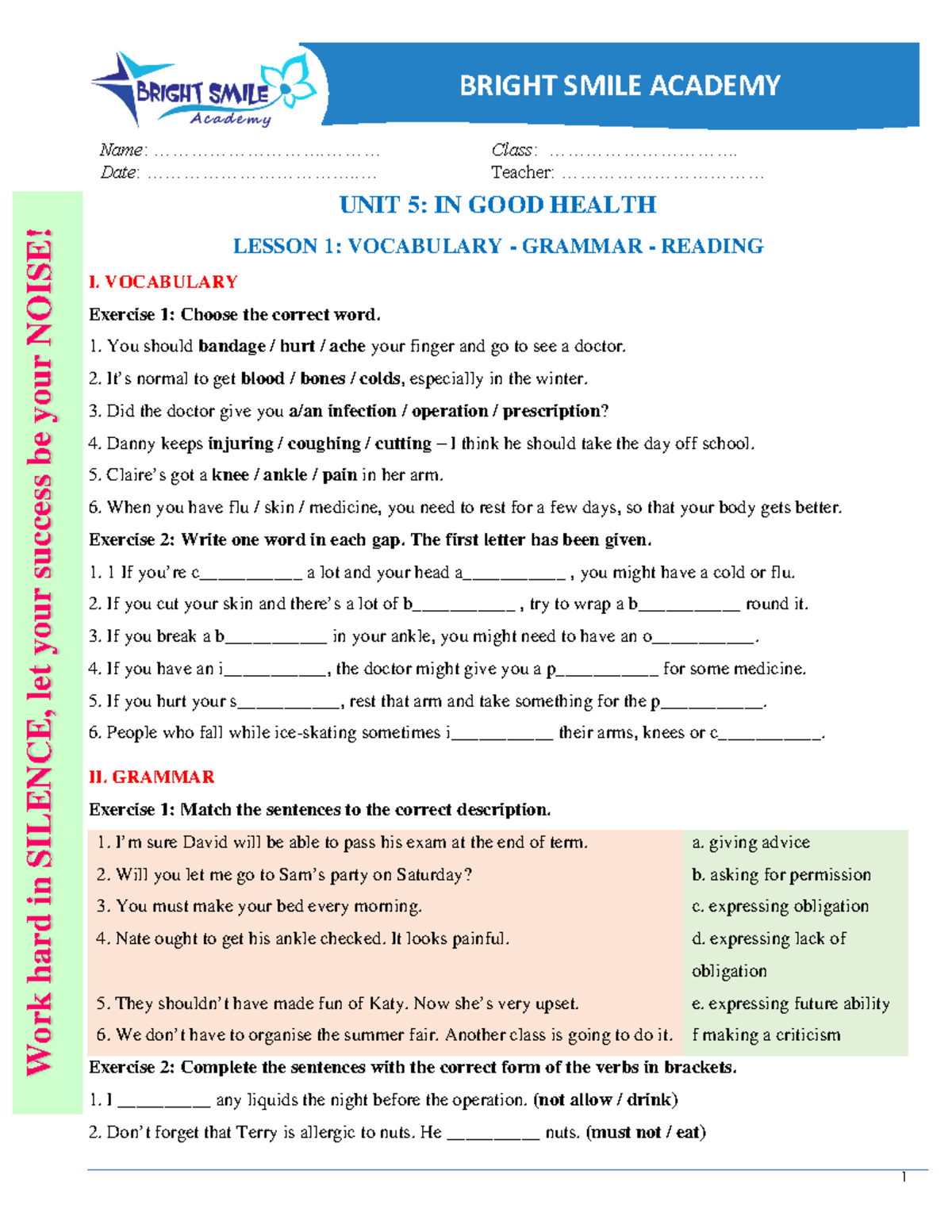 Optimise B1 unit 5 lesson 1 worksheet - UNIT 5: IN GOOD HEALTH LESSON 1 ...
