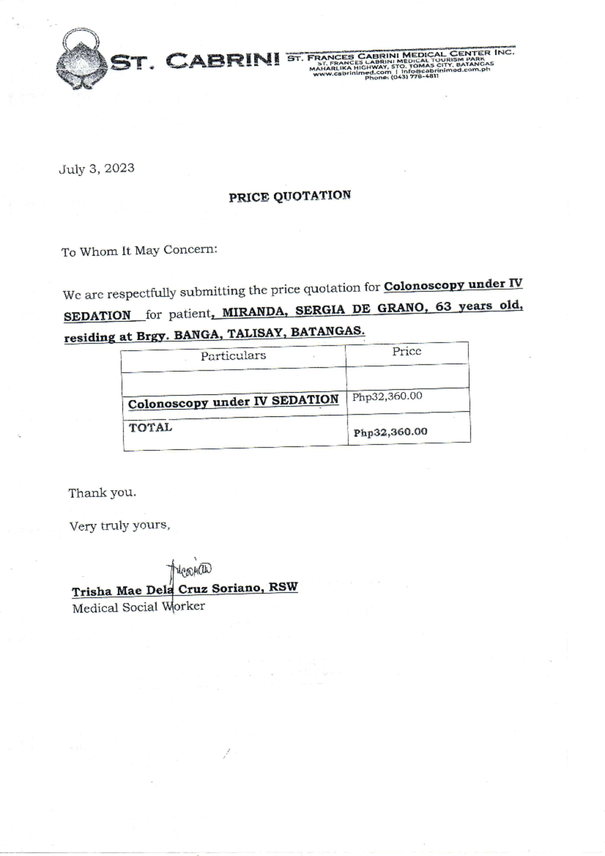 Price Quotation - Colonoscopy - Medical-Surgical Nursing - Studocu