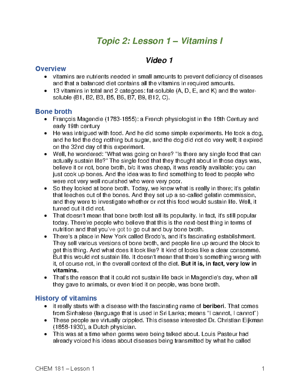 Topic 2 Lesson 1 - Topic 2: Lesson 1 – Vitamins I Video 1 Overview ...
