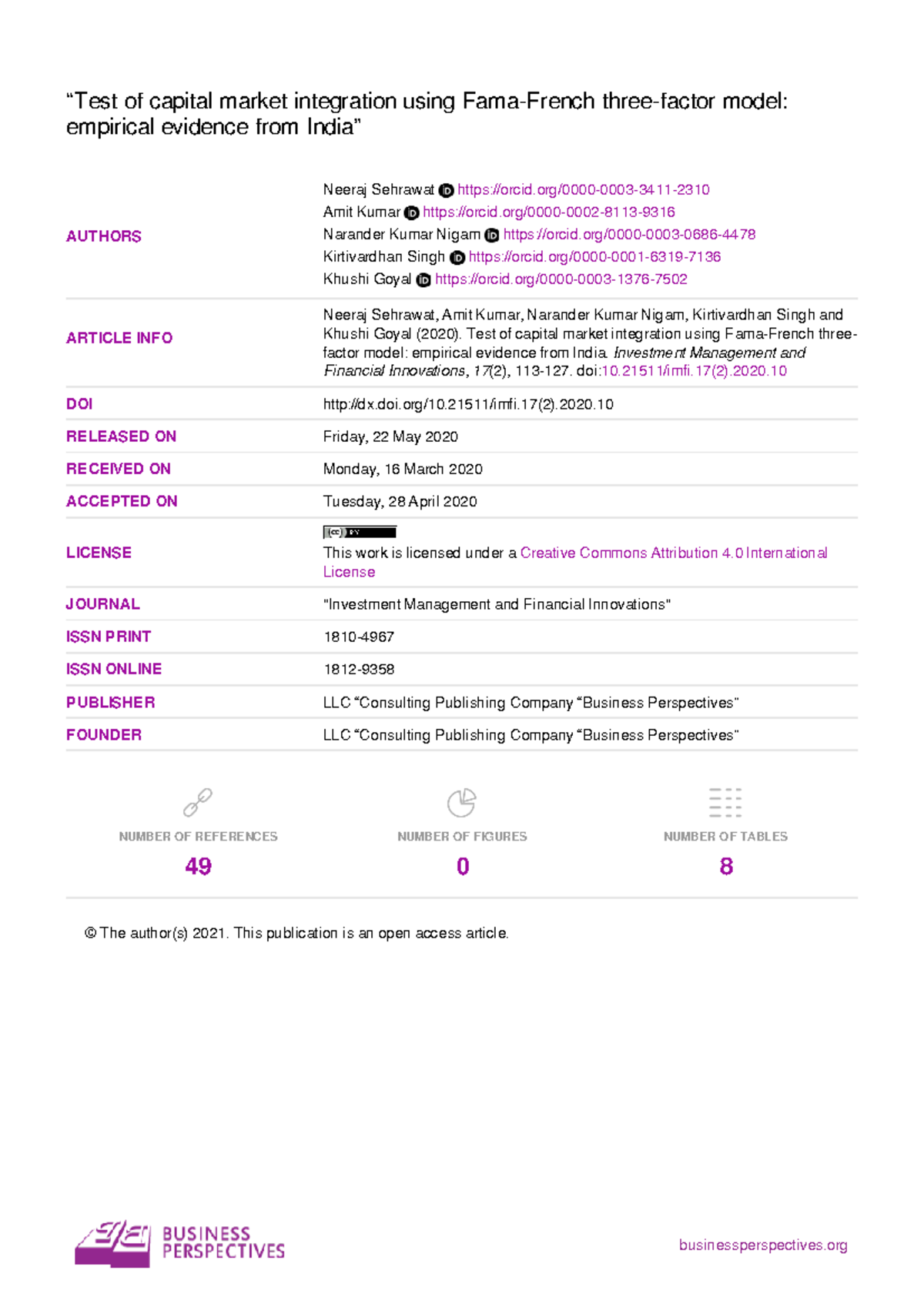 IMFI 2020 02 Sehrawat - kguu lkkjk - “Test of capital market ...