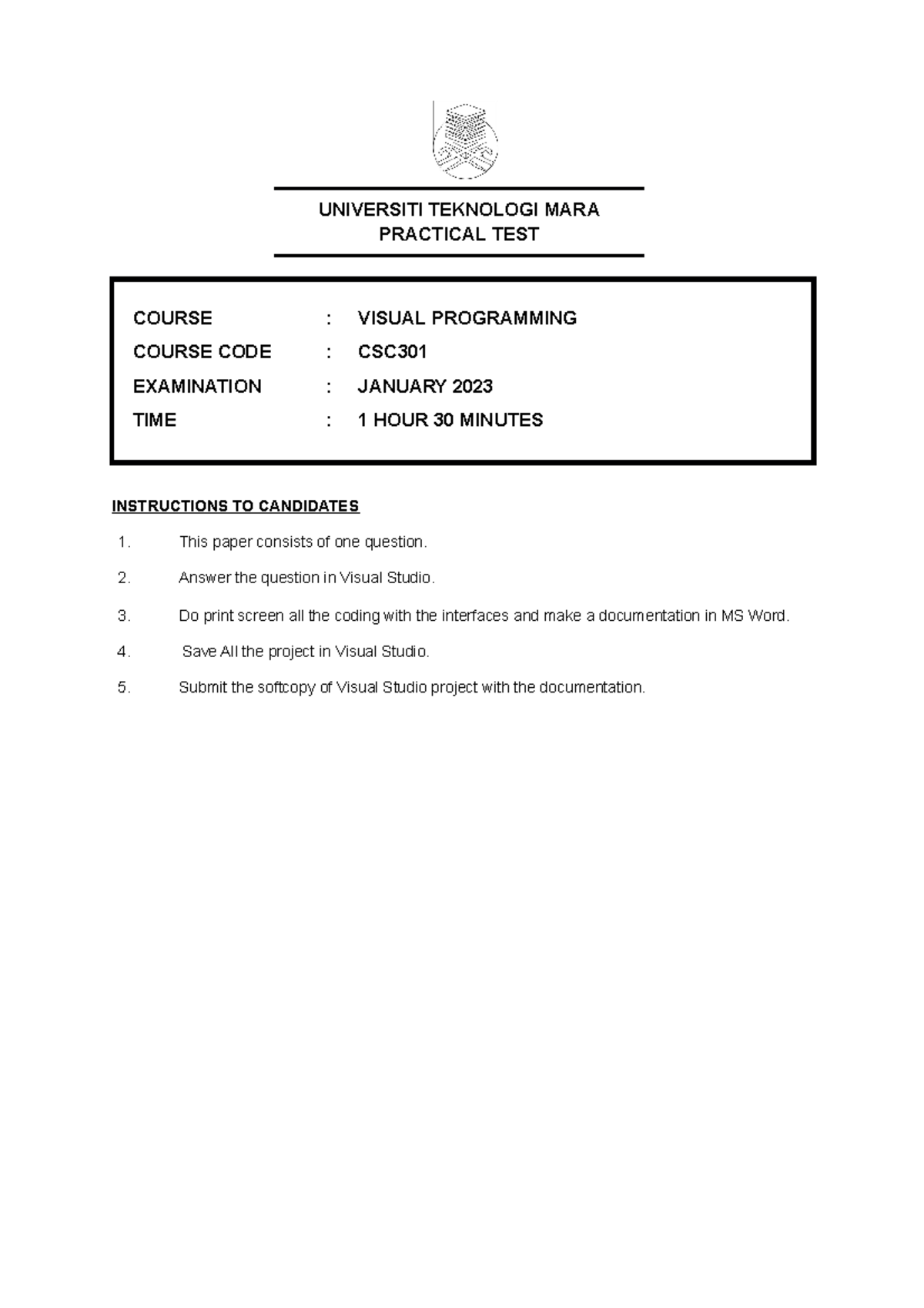 Practical TEST Answer - UNIVERSITI TEKNOLOGI MARA PRACTICAL TEST COURSE ...