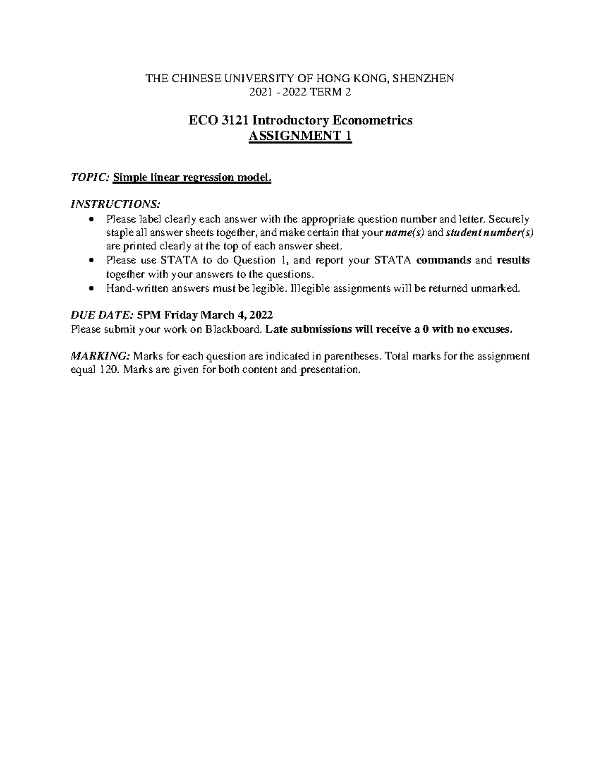 Assignment 123 4 comp - THE CHINESE UNIVERSITY OF HONG KONG, SHENZHEN ...