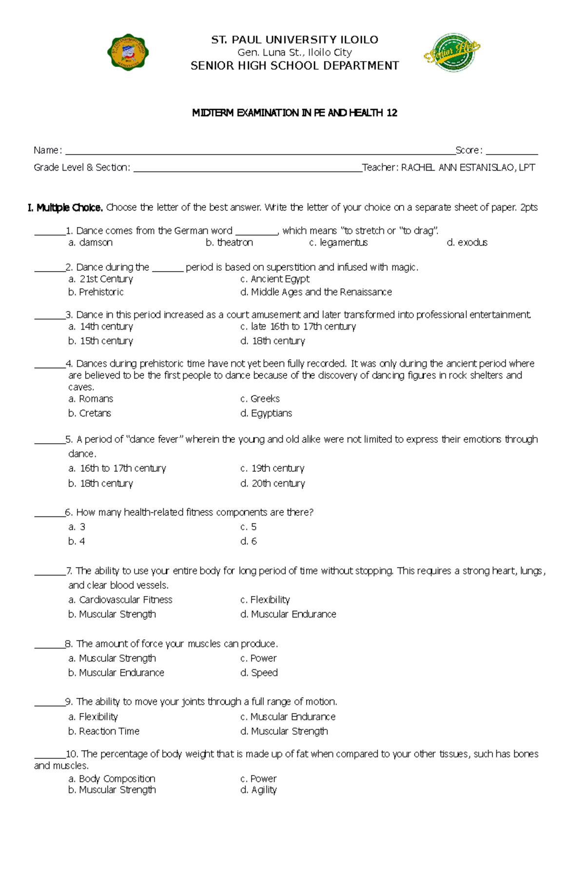 Midterm Examination IN PE AND Health 12 SY 2022-2023-1ST Semester - ST ...