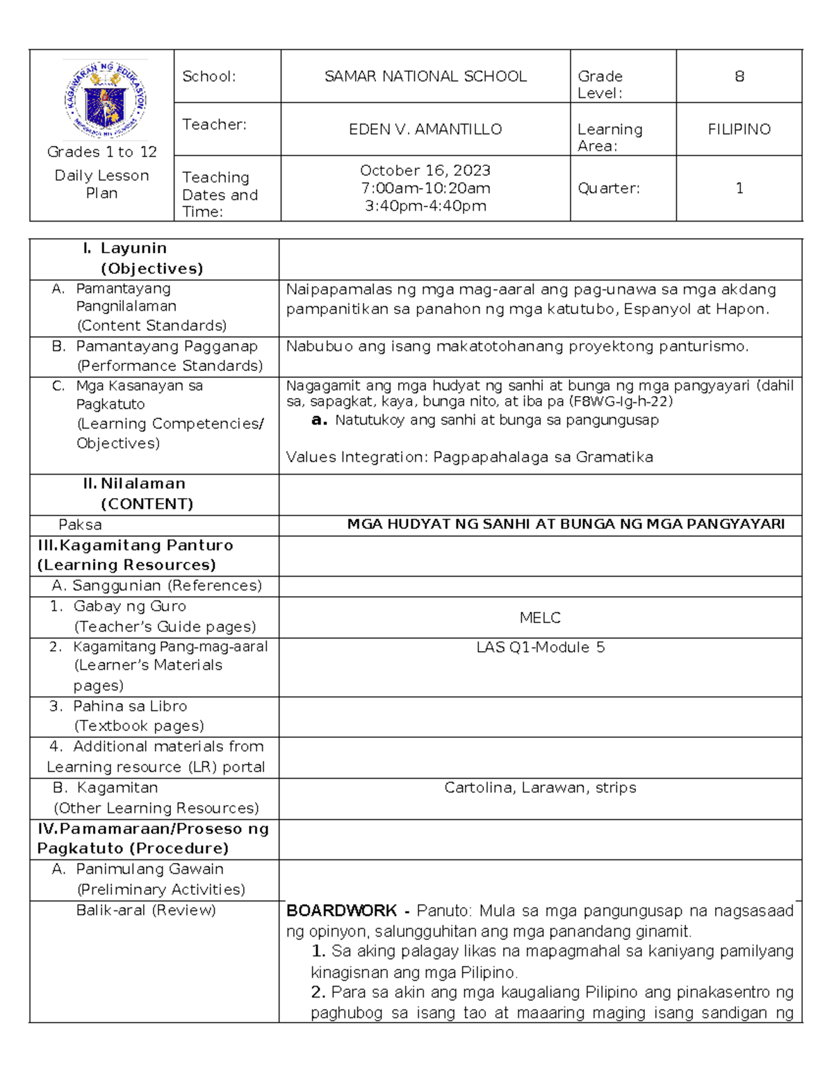 Q1-wk 5-sanhi at bunga - grade 8 , 2nd quarter - Grades 1 to 12 Daily ...