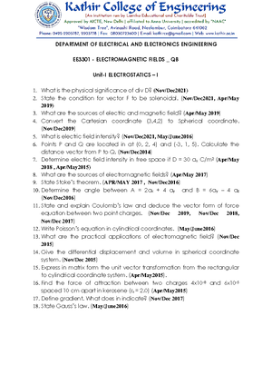 EE3301 EMF Notes - EE3301 ELECTROMAGNETIC FIELD THEORY UNIT ...