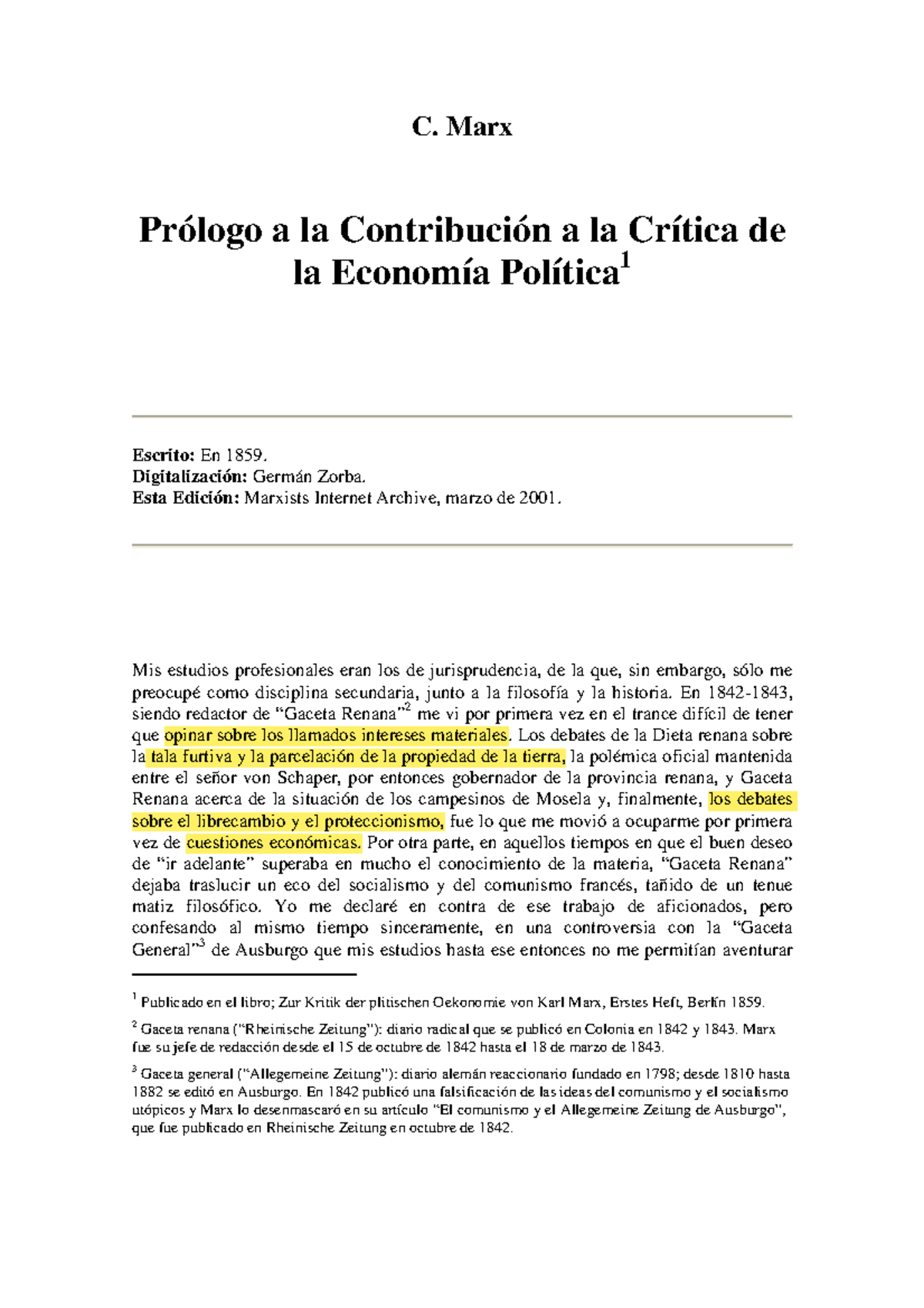 Marx - marx - C. Marx Prólogo a la Contribución a la Crítica de la Economía Política 1 Escrito ...