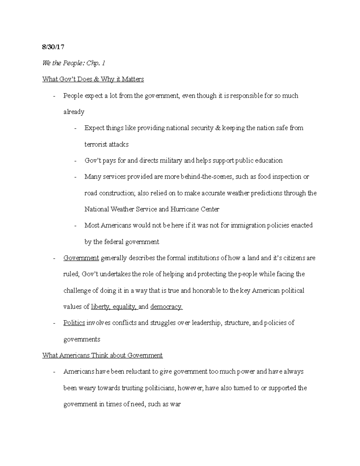 Intro to American Pol- reading notes - 8/30/17 We the People: Chp. 1 ...