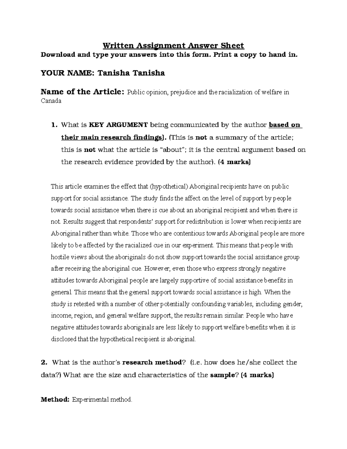 Written assignment 2 - Written Assignment Answer Sheet Download and ...