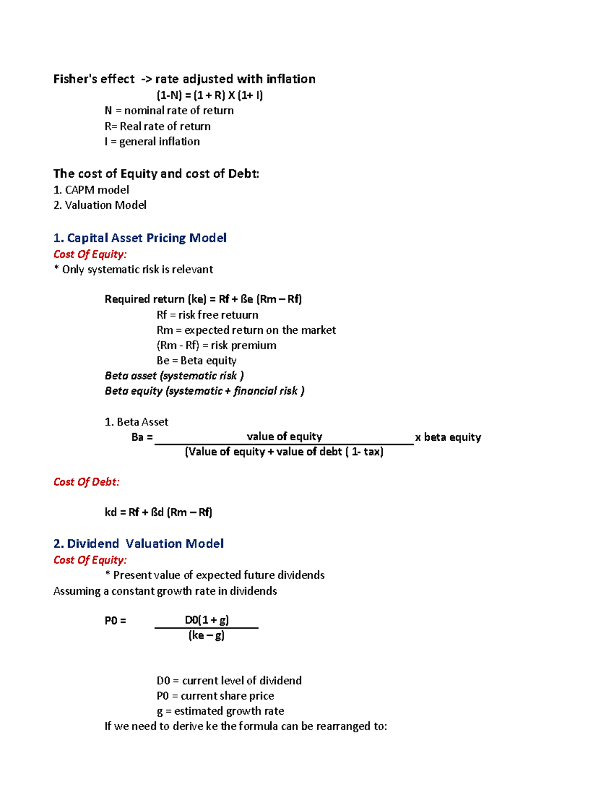 Formulas - Fisher's effect -> rate adjusted with inflation (1-N) = (1 ...