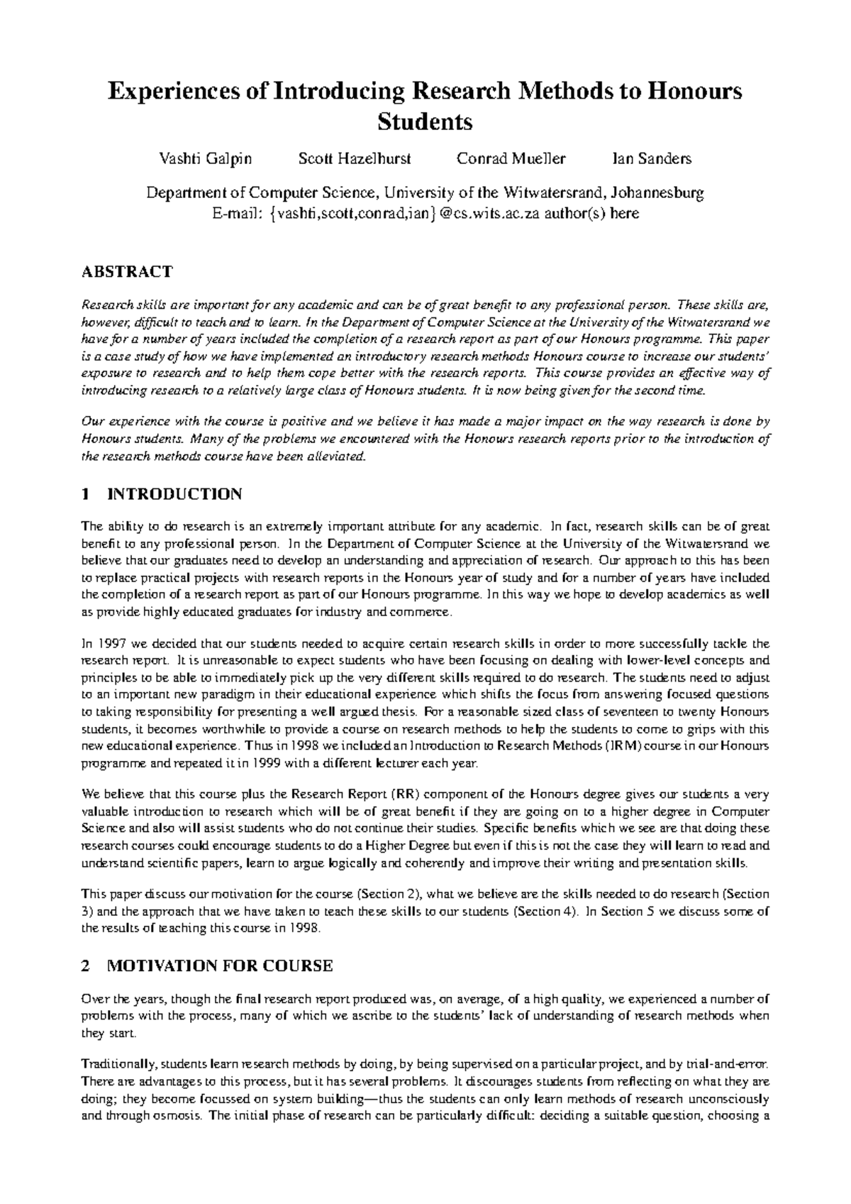 Why research at honours - Experiences of Introducing Research Methods ...