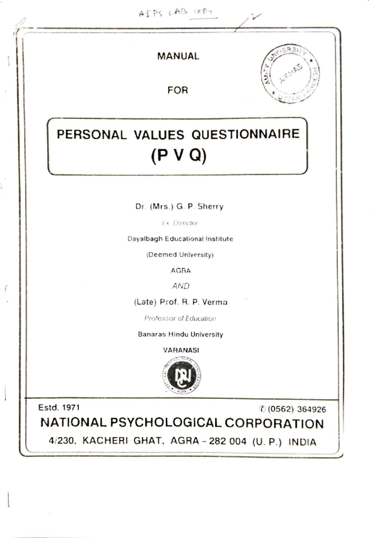Manual-for-personal-value-questionnaire - Clinical Psychology - Studocu