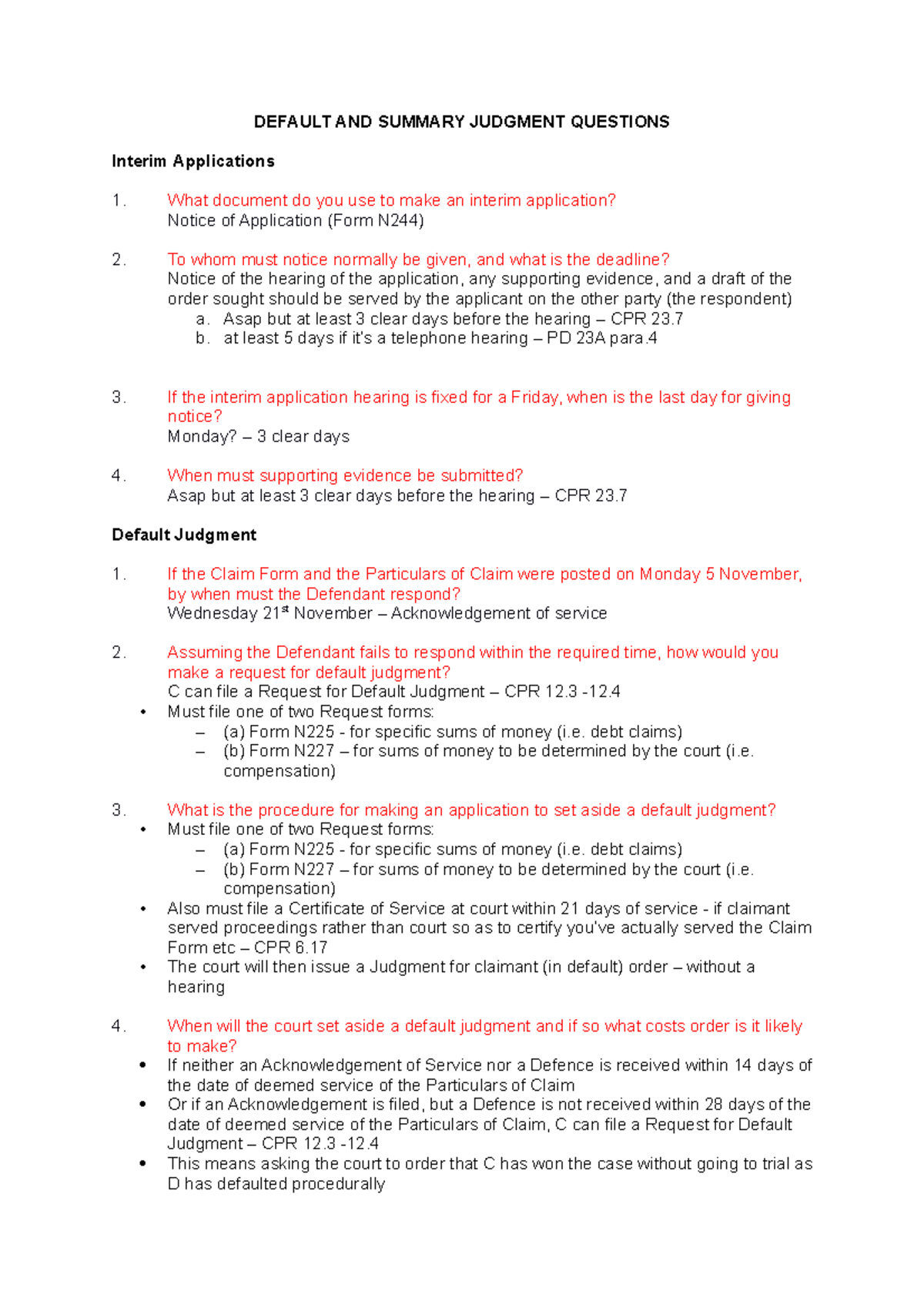 Workshop Tasks - DEFAULT AND SUMMARY JUDGMENT QUESTIONS - DEFAULT AND ...