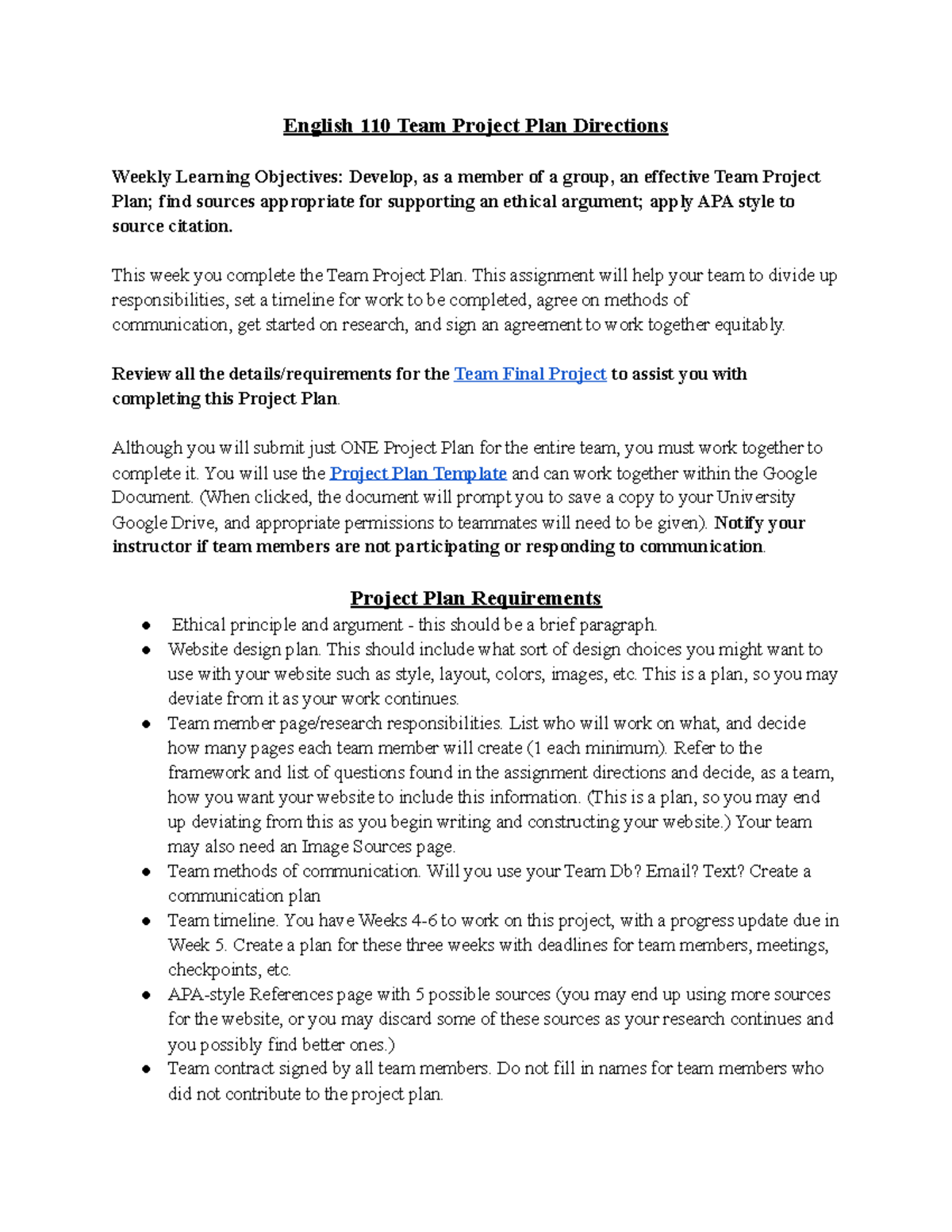 English 110 Team Project Plan Directions and Rubric - English 110 Team ...