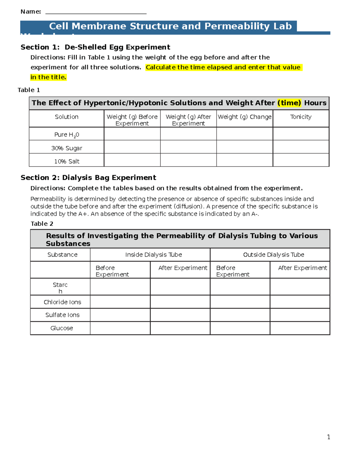 4 Cell Membrane worksheet S20 - Section 1: De-Shelled Egg Experiment ...