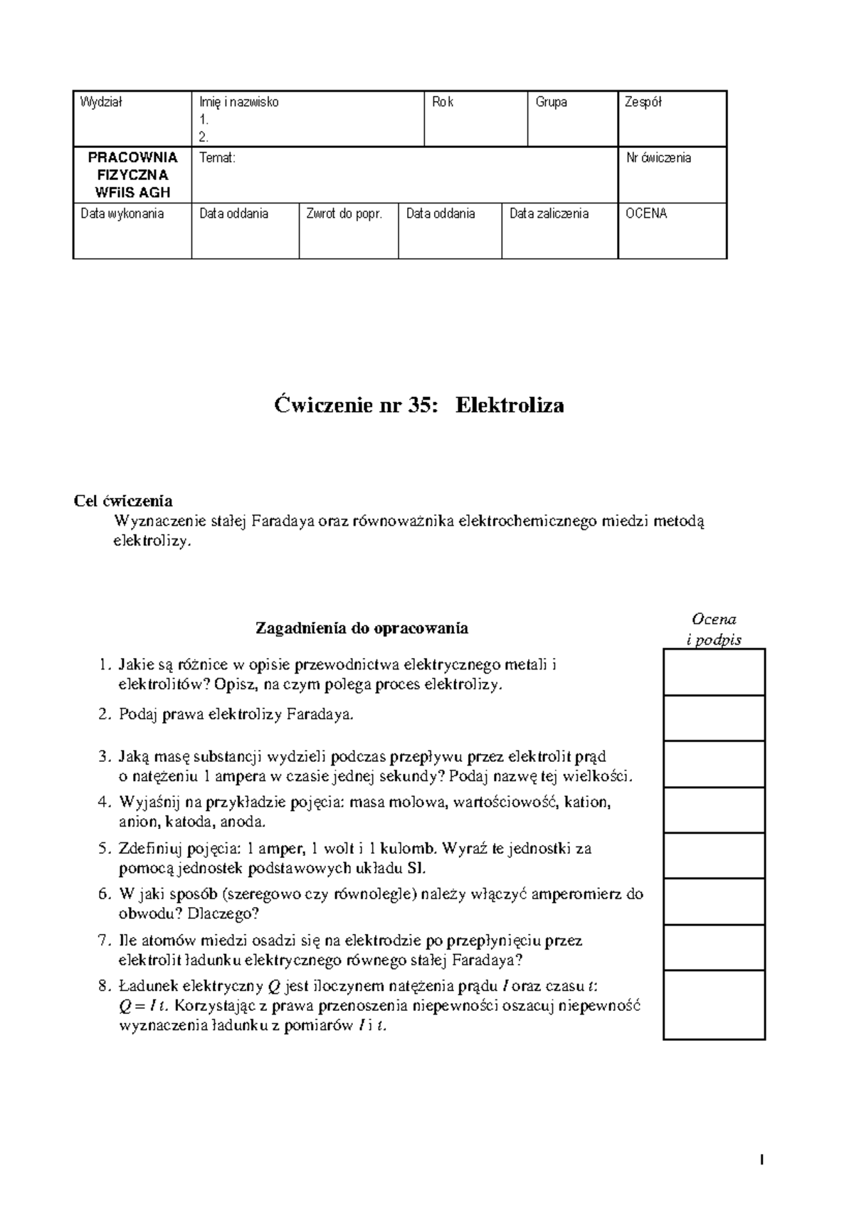 35 wykon - Wydział Imię i nazwisko 1. 2. Rok Grupa Zespół PRACOWNIA ...