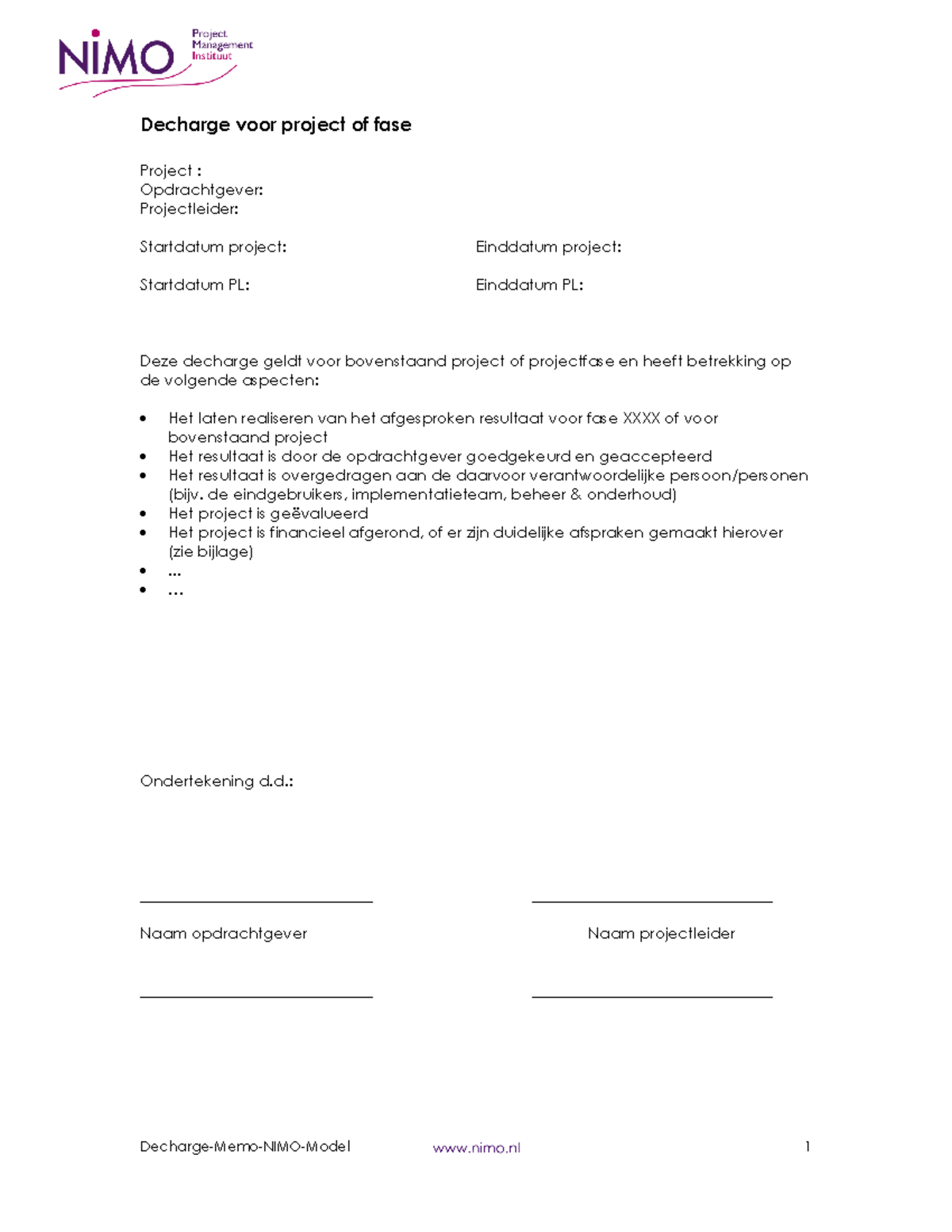 Decharge Memo NIMO Model 2 - Decharge-Memo-NIMO-Model 1 Decharge voor project of fase Project ...