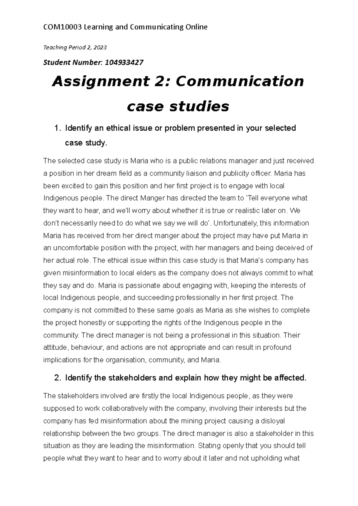 Assignment 2 Communication case studies - Teaching Period 2, 2023 Student Number: 104933427 ...