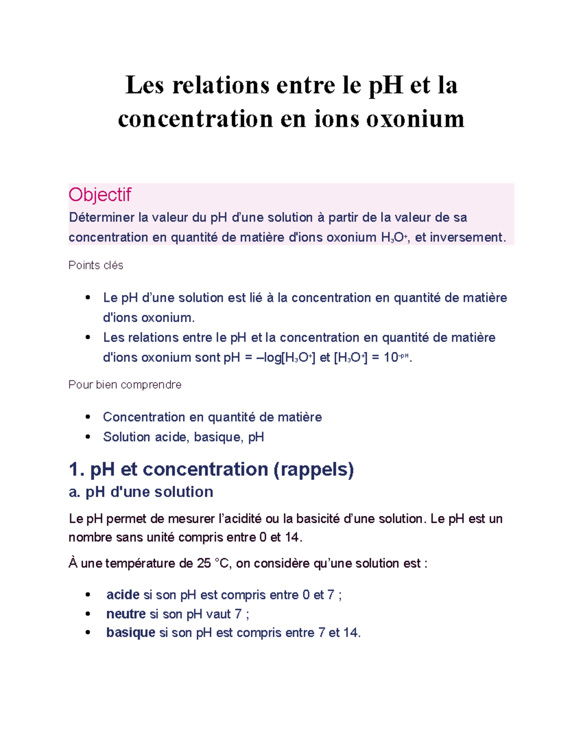 Les relations entre le p H et la concentration en ions oxonium - Les ...
