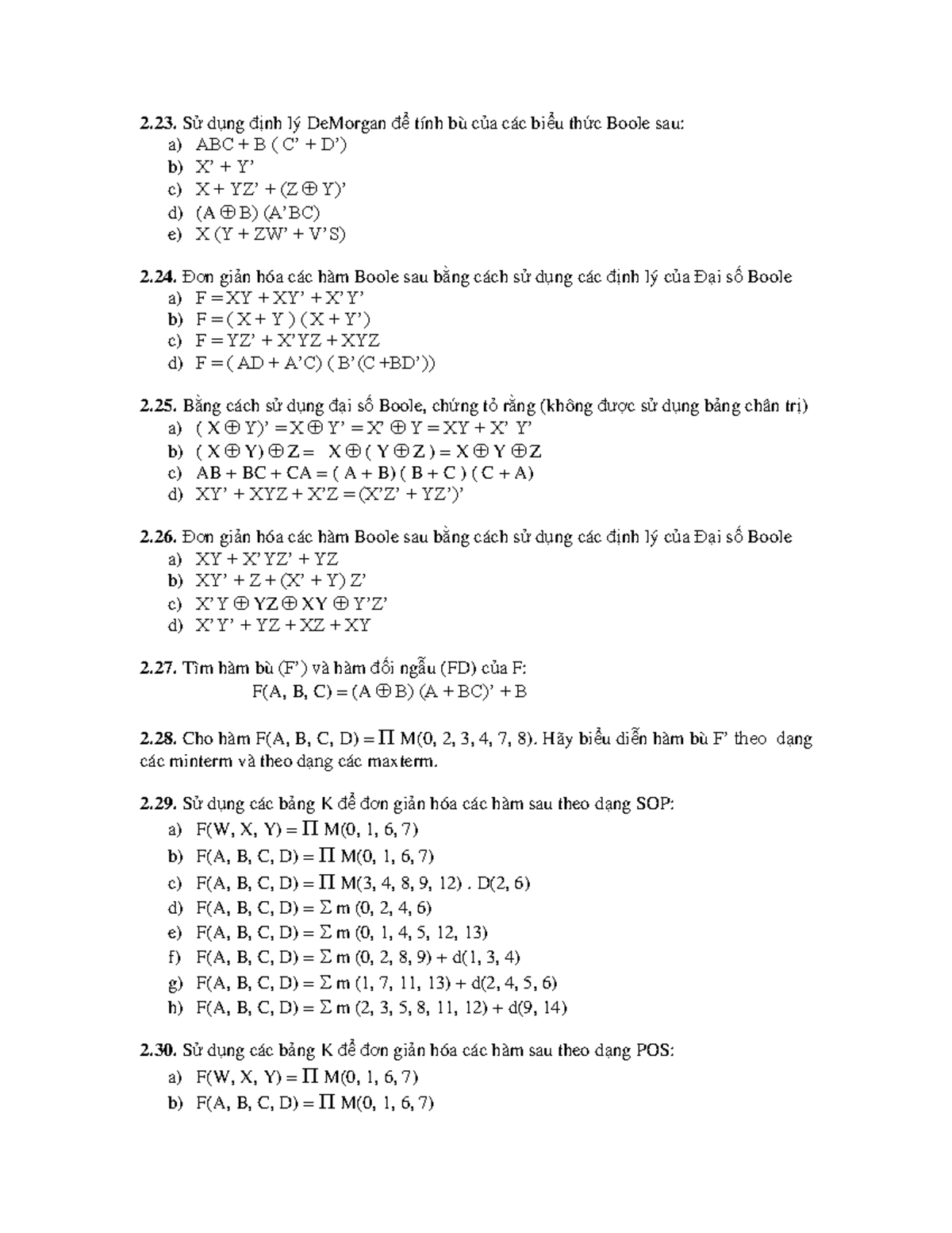 Bai Tap C 2(tt) - bt kts - Sử dụng định lý DeMorgan để tính bù của các biểu thức Boole sau: a ...