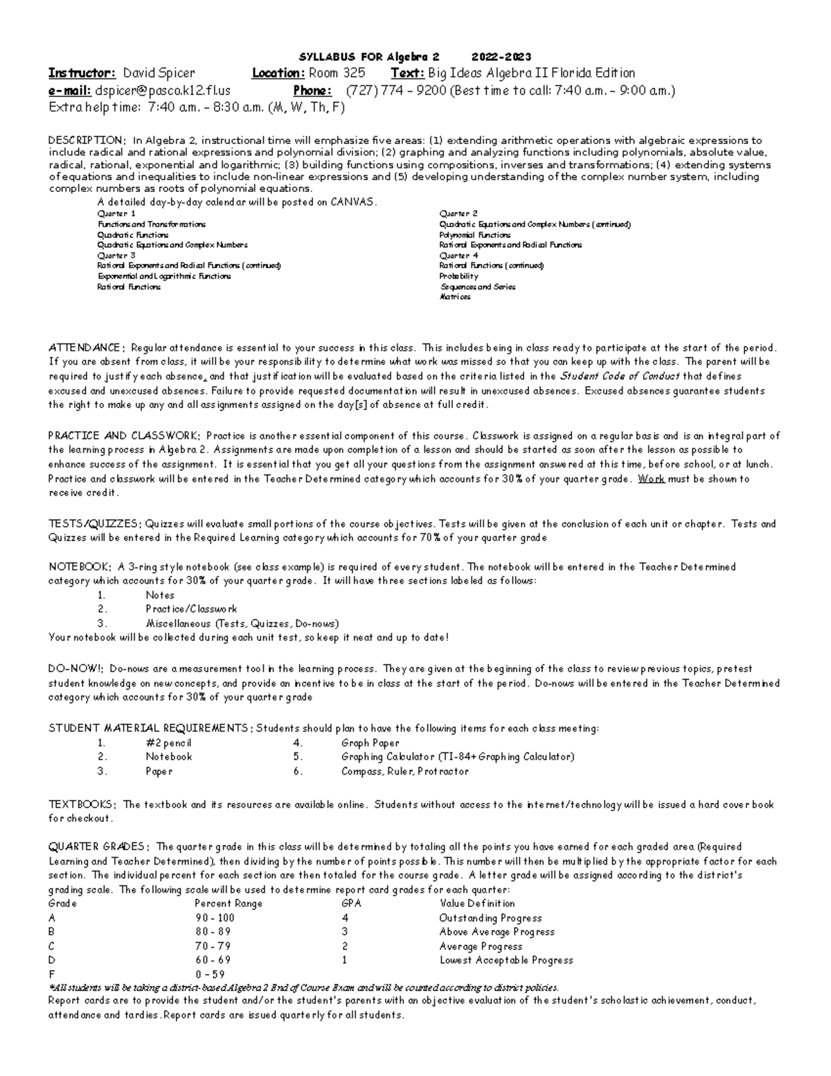 Algebra II Syllabus 22-23 - SYLLABUS FOR Algebra 2 2022- Instructor ...