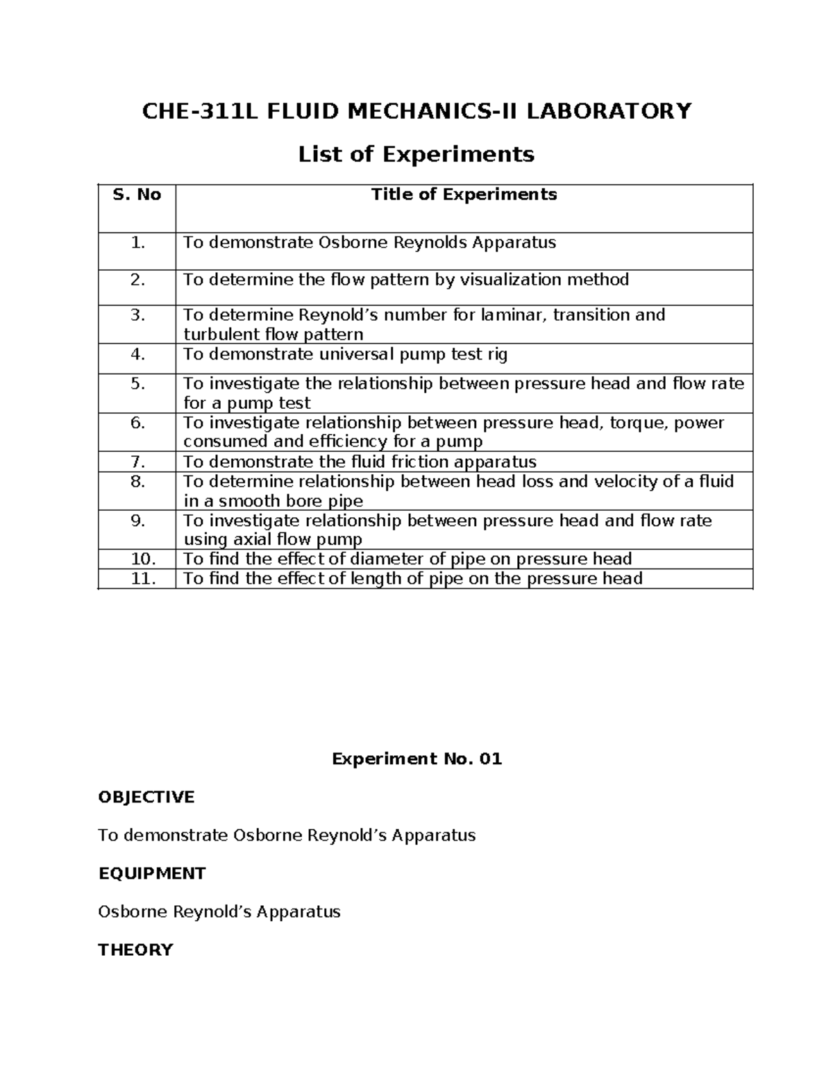 Fluid Mechanics Lab - CHE-311L FLUID MECHANICS-II LABORATORY List of ...