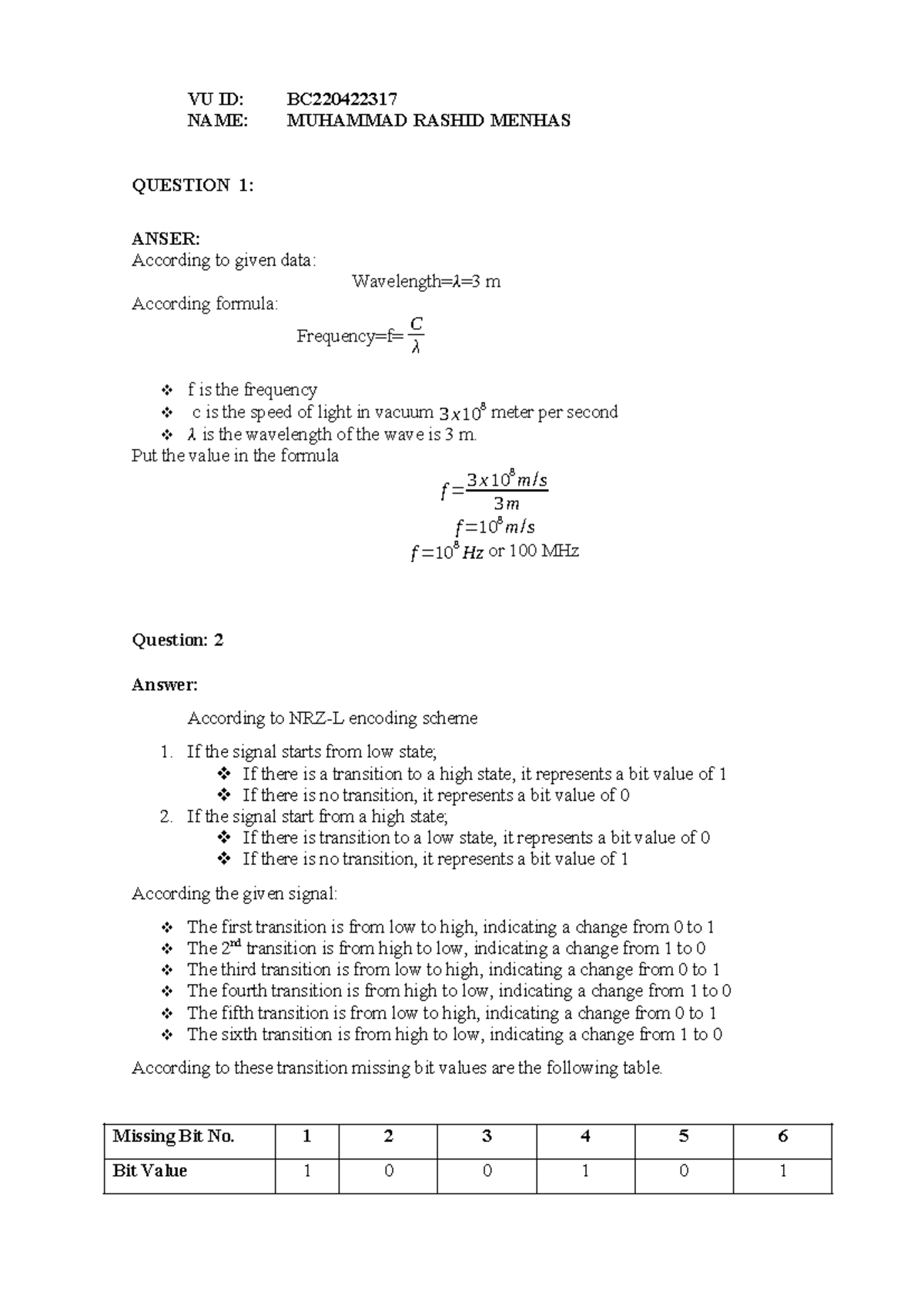 Cs601 assignment 1 - VU ID: BC NAME: MUHAMMAD RASHID MENHAS QUESTION 1: ANSER: According to ...