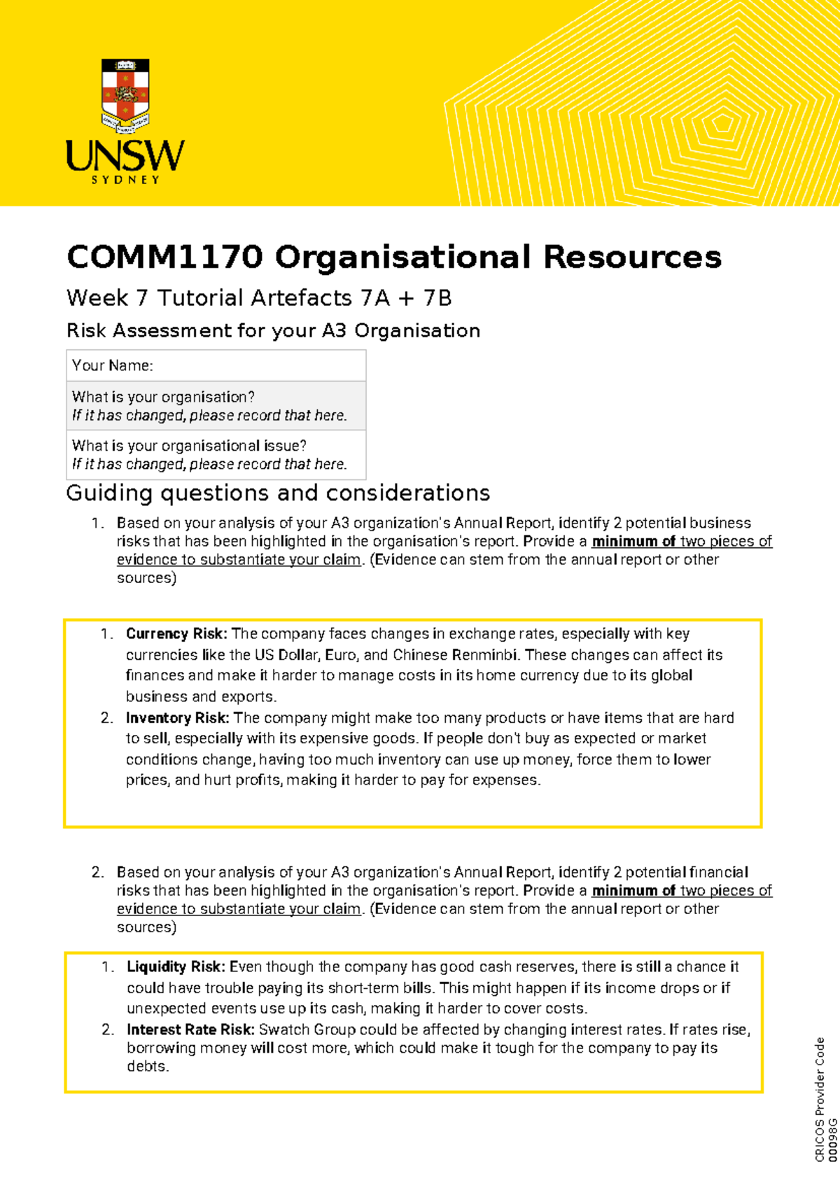 Week 7 Tutorial Artefacts Worksheet - COMM1170 Organisational Resources ...