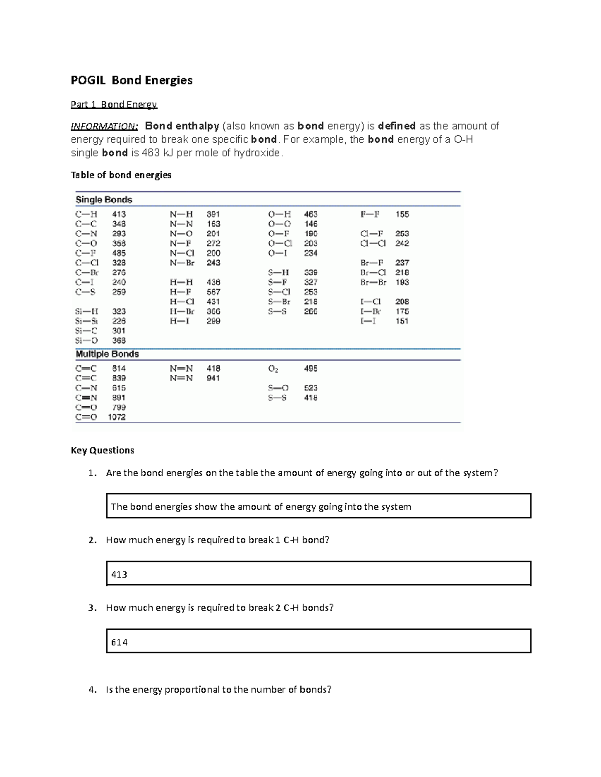Dean Campos - Pogil Bond Energies - POGIL Bond Energies Part 1 Bond ...