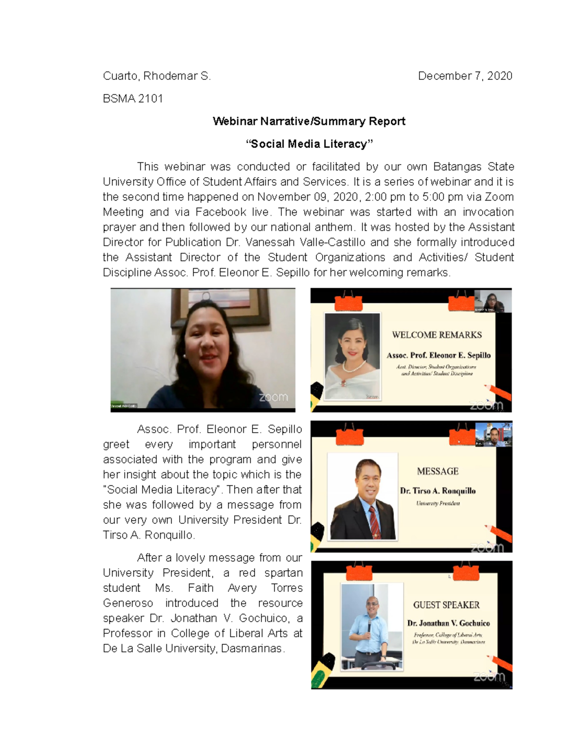 Webinar Summary Report - Cuarto, Rhodemar S. December 7, 2020 BSMA 2101 ...