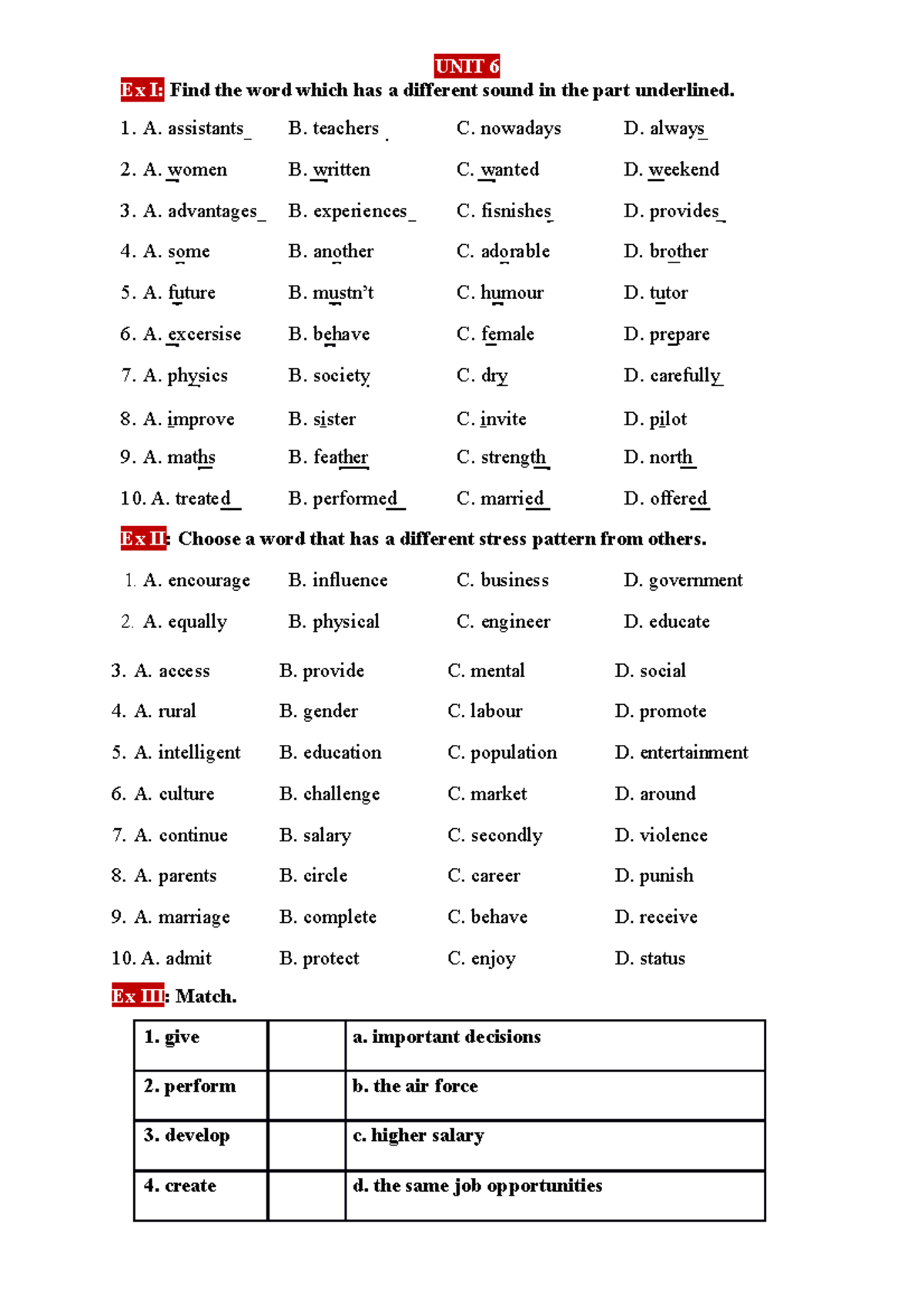 UNIT 6 - tiếng anh unit 6 - UNIT 6 Ex I: Find the word which has a different sound in the part ...