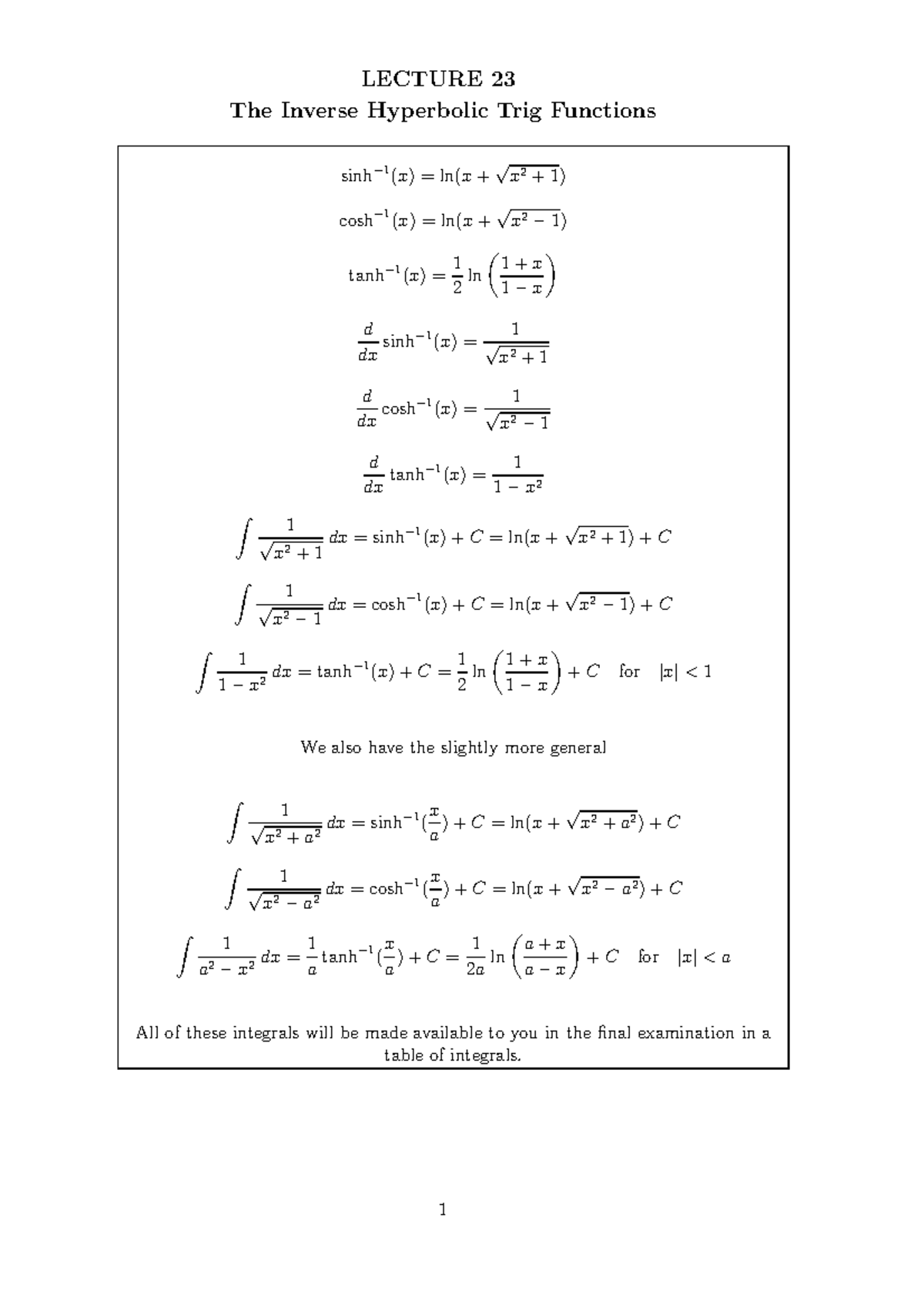 Lecture 23 The Inverse Hyperbolic Trig Functions - LECTURE 23 The ...